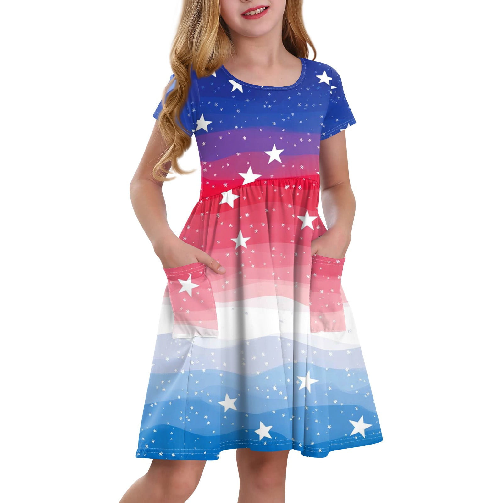 XADYUY Girls Beach Dress Stars Stripes Gradient Printed 4th Of July ...