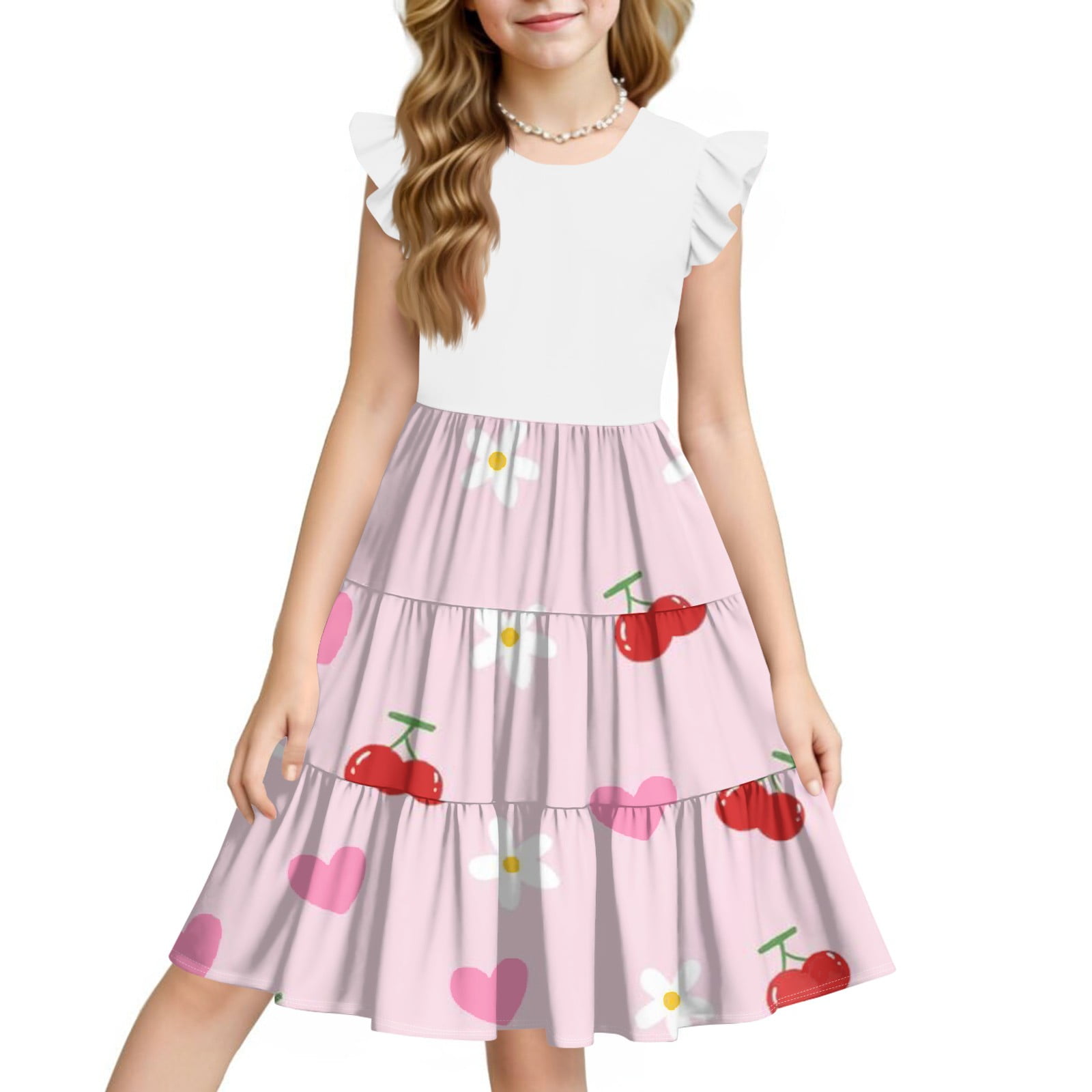 XADYUY Girls Beach Dress Twirly A-Line Ruffle Sleeve Midi Dress Cartoon ...