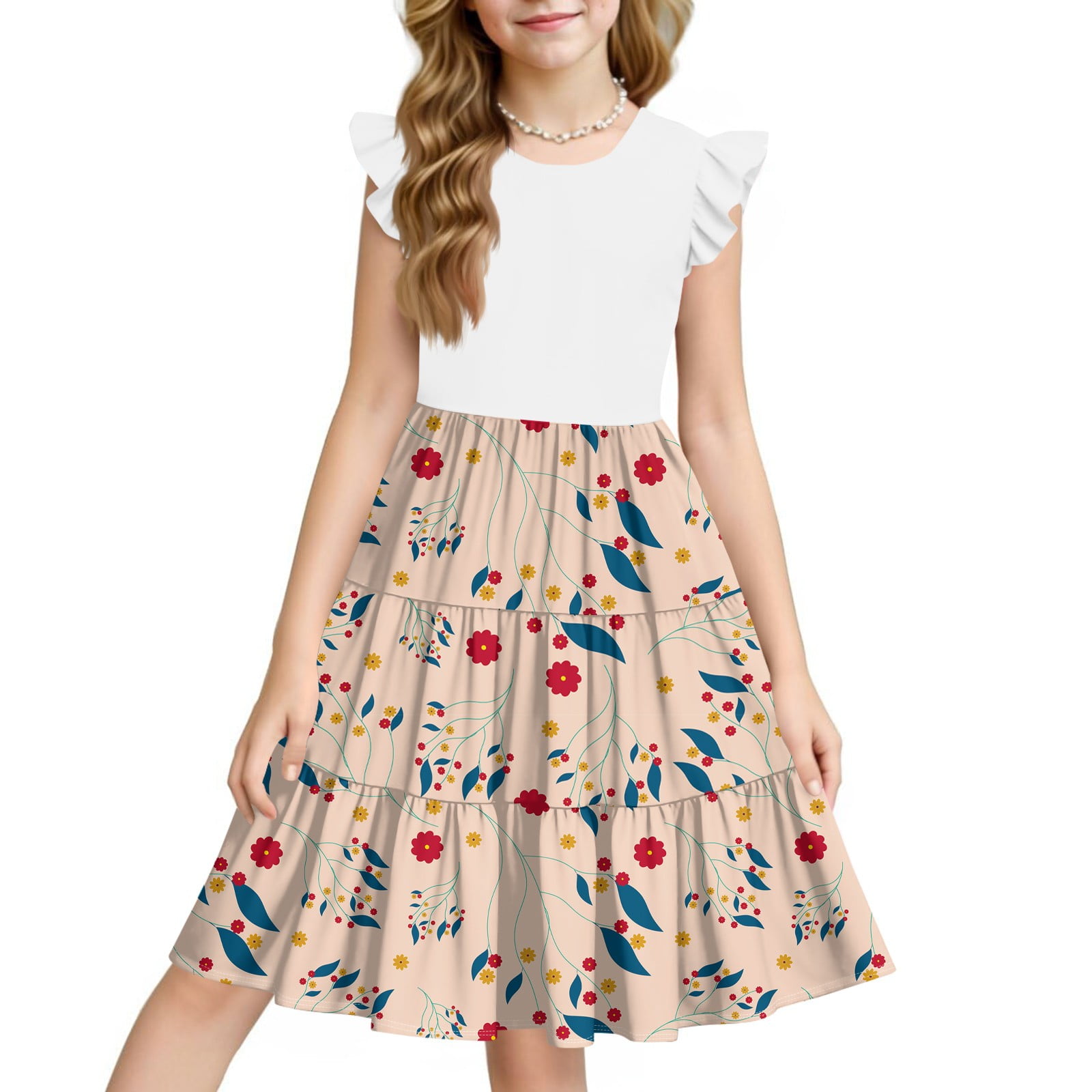 XADYUY Girls Beach Dress Twirly A-Line Ruffle Sleeve Midi Dress Floral ...