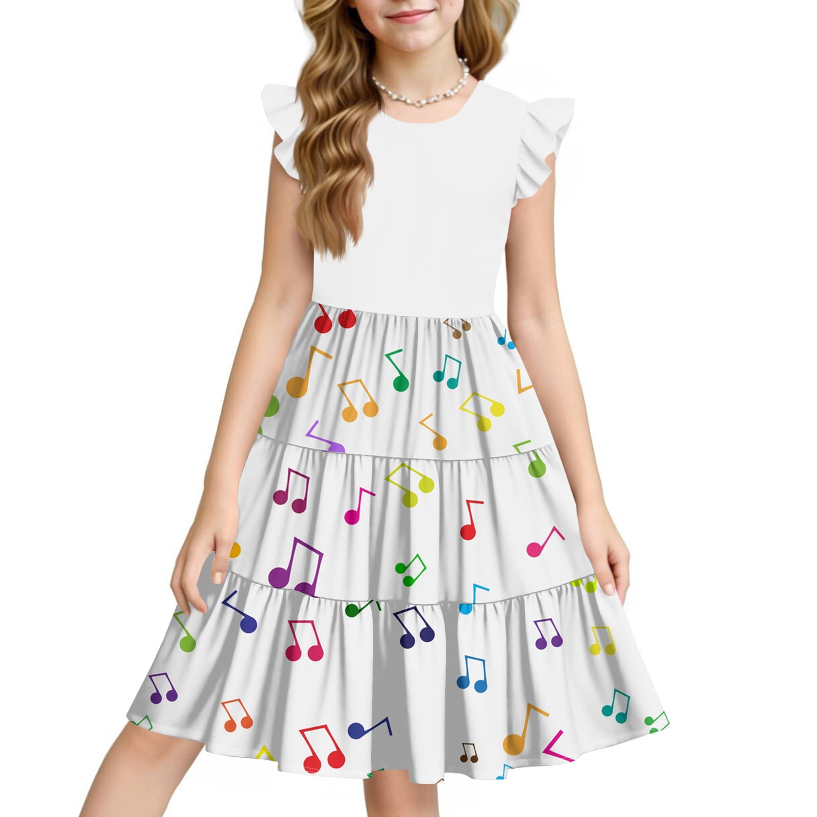 XADYUY Girls Beach Dress Twirly A-Line Ruffle Sleeve Midi Dress Musical ...