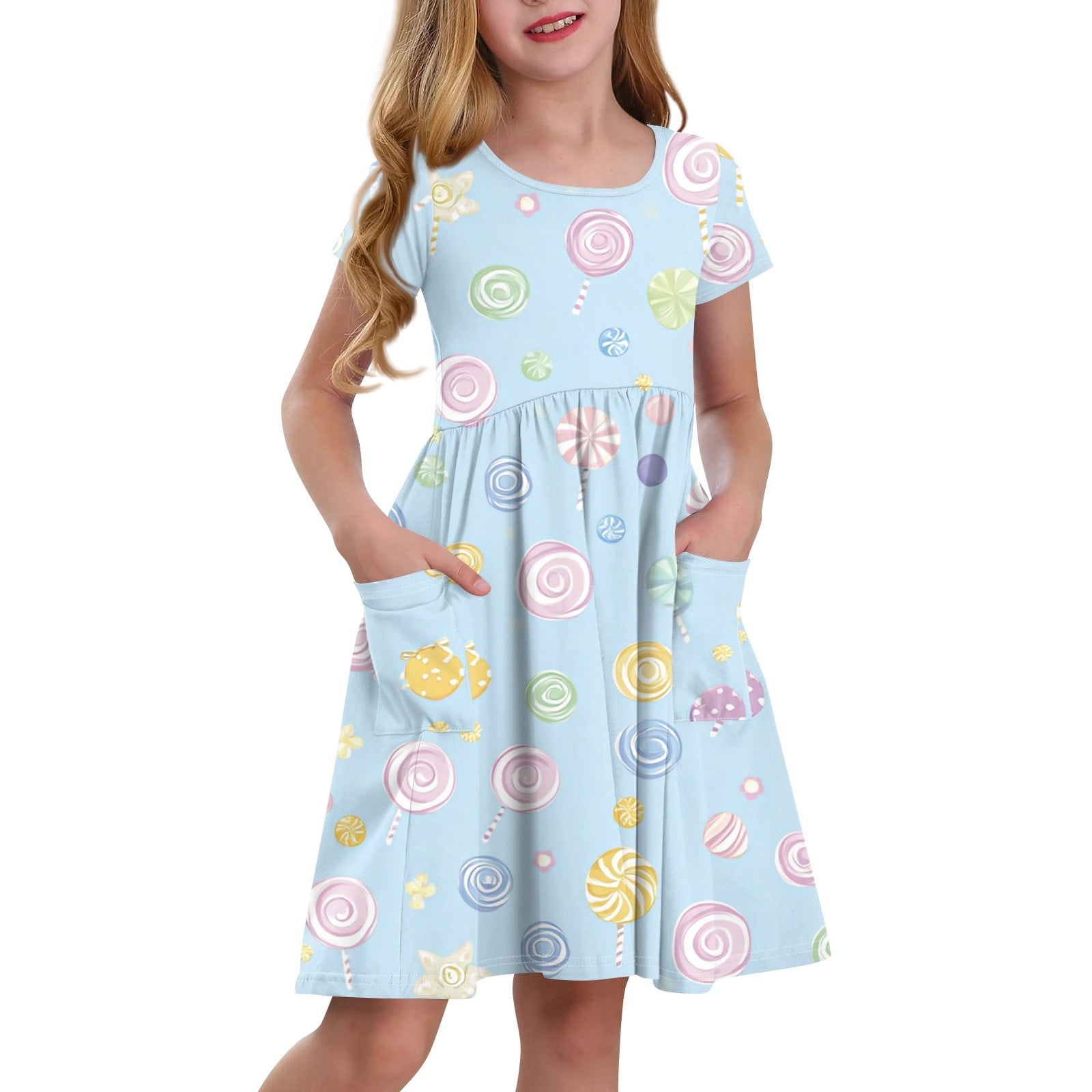XADYUY Girls Beach Dress Twirly A-Line Short Sleeve Midi Dress Cartoon ...