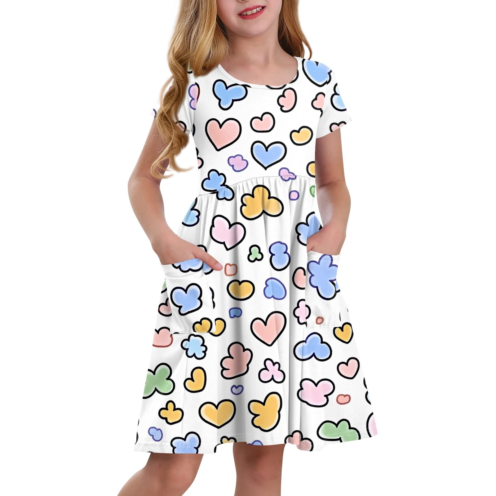 XADYUY Girls Beach Dress Twirly A-Line Short Sleeve Midi Dress Cartoon ...