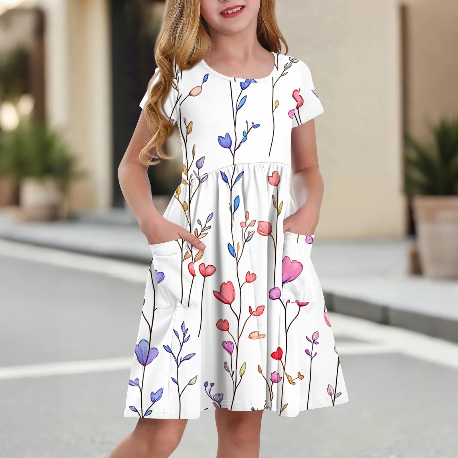 XADYUY Girls Beach Dress Twirly A-Line Short Sleeve Midi Dress Floral ...