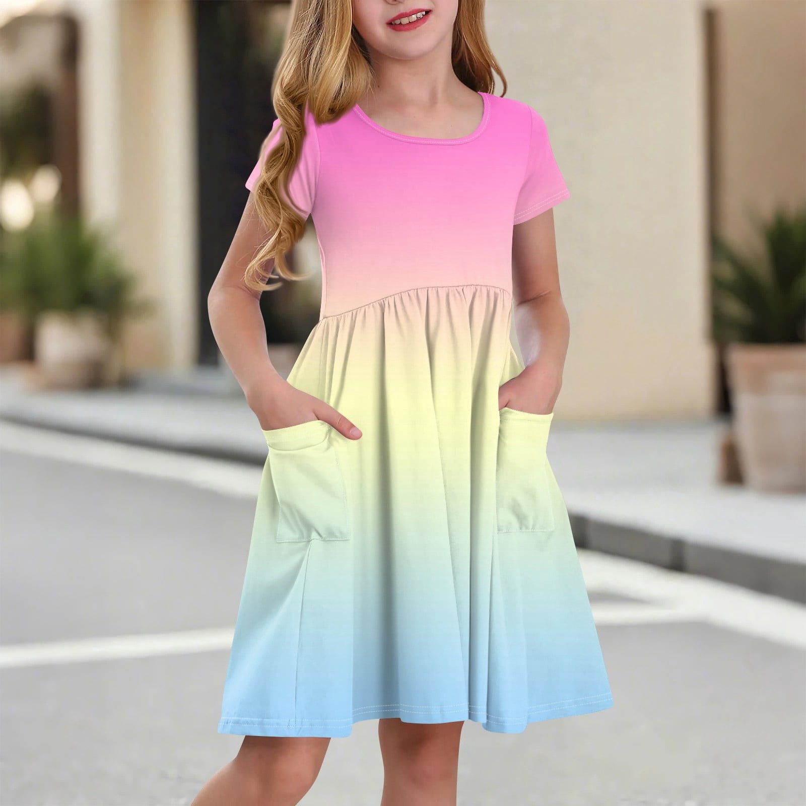 XADYUY Girls Beach Dress Twirly A-Line Short Sleeve Midi Dress Gradient ...