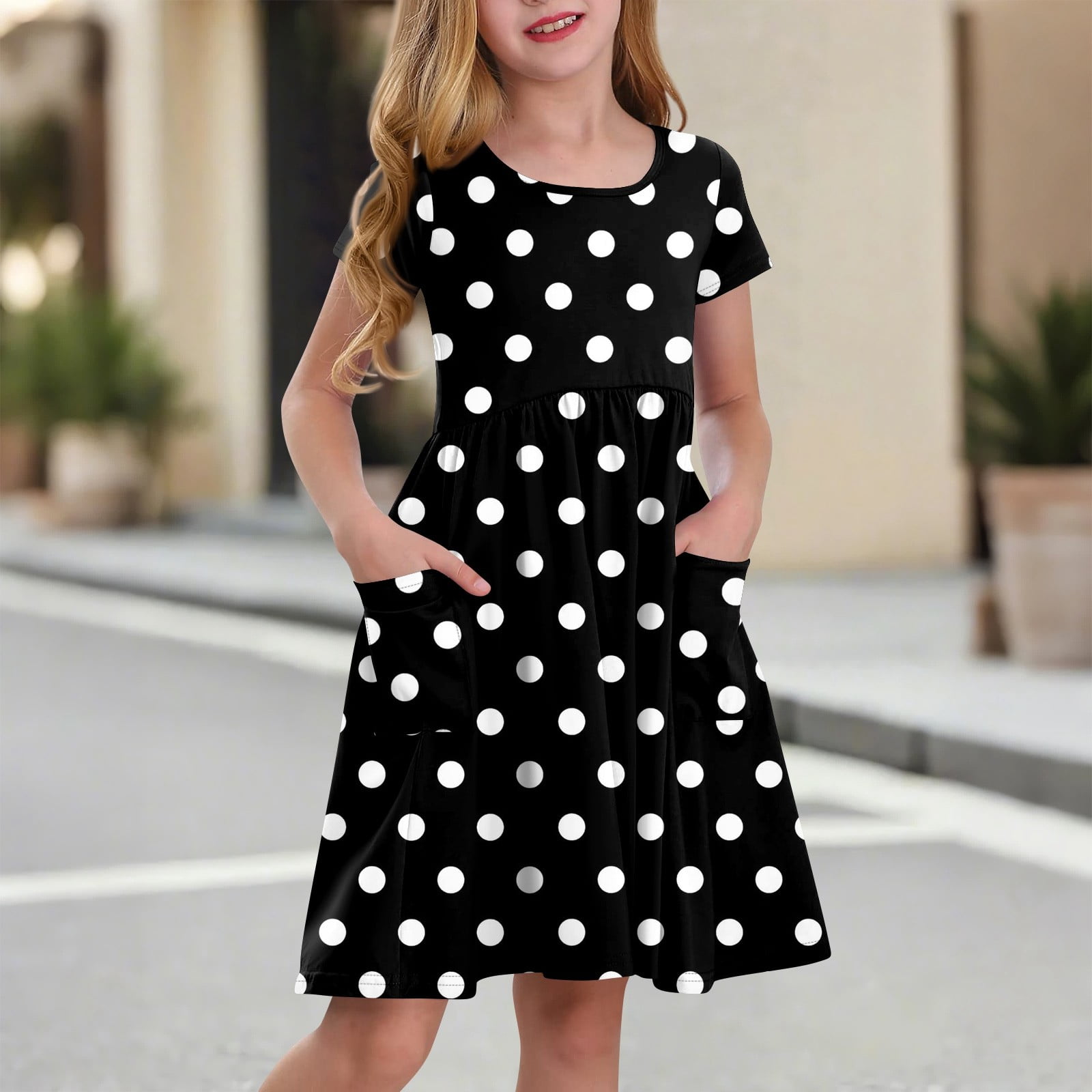 XADYUY Girls Beach Dress Twirly A-Line Short Sleeve Midi Dress Polka ...