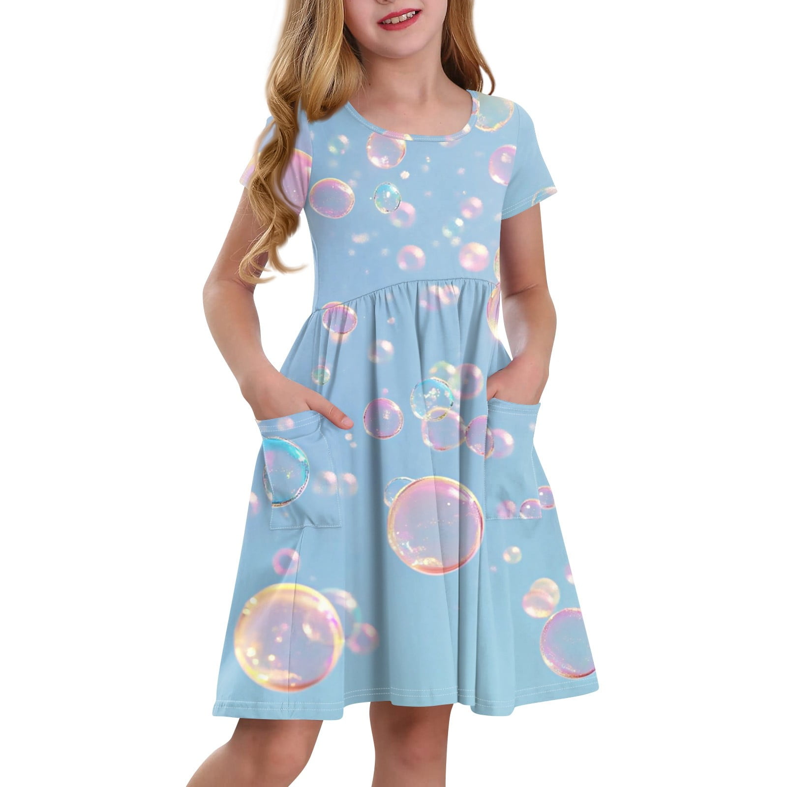 XADYUY Girls Beach Dress Twirly A-Line Short Sleeve T-Shirt Dresses ...