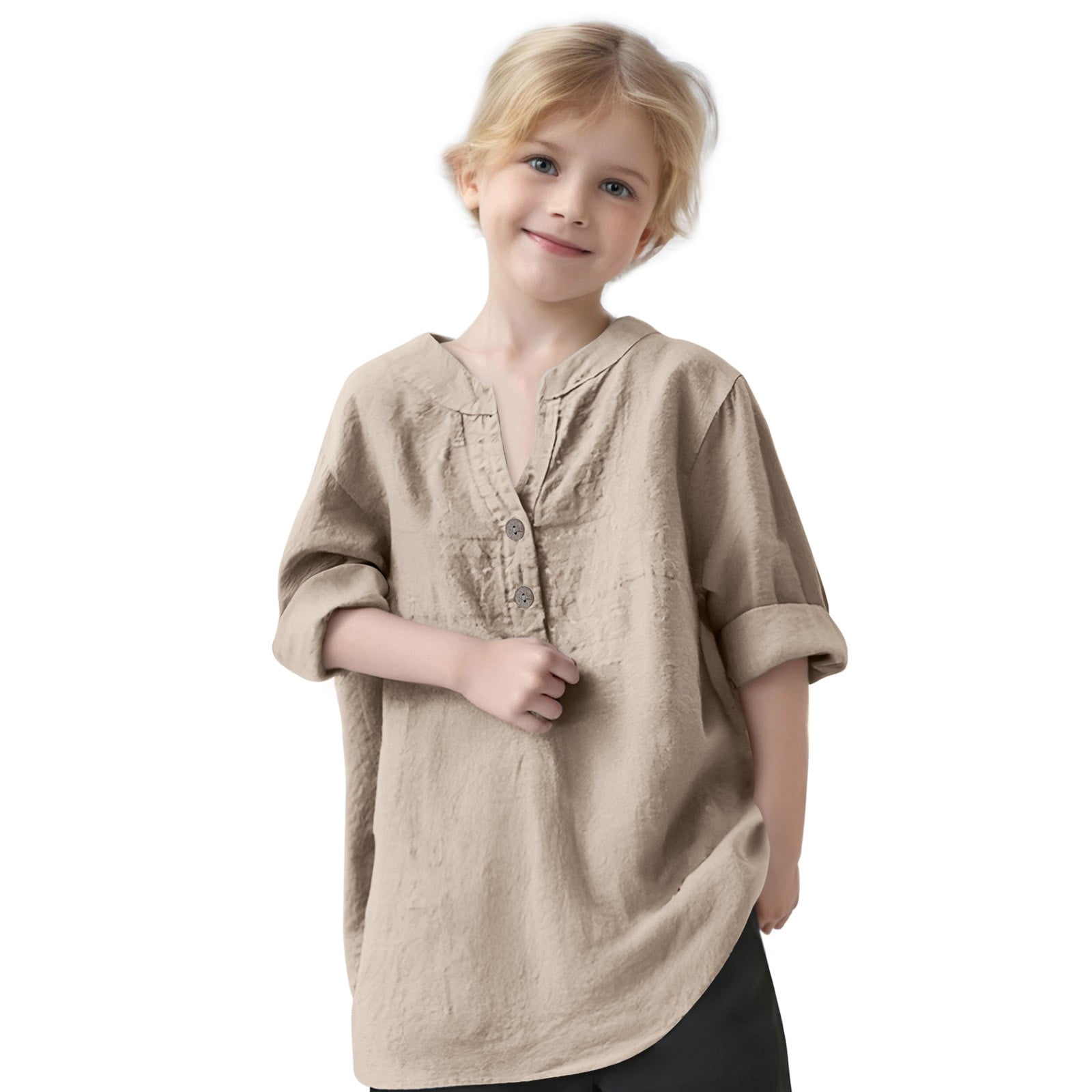 XADYUY Girls Button Down Shirts 4-16 3/4 Roll Up Sleeve V Neck Cotton ...