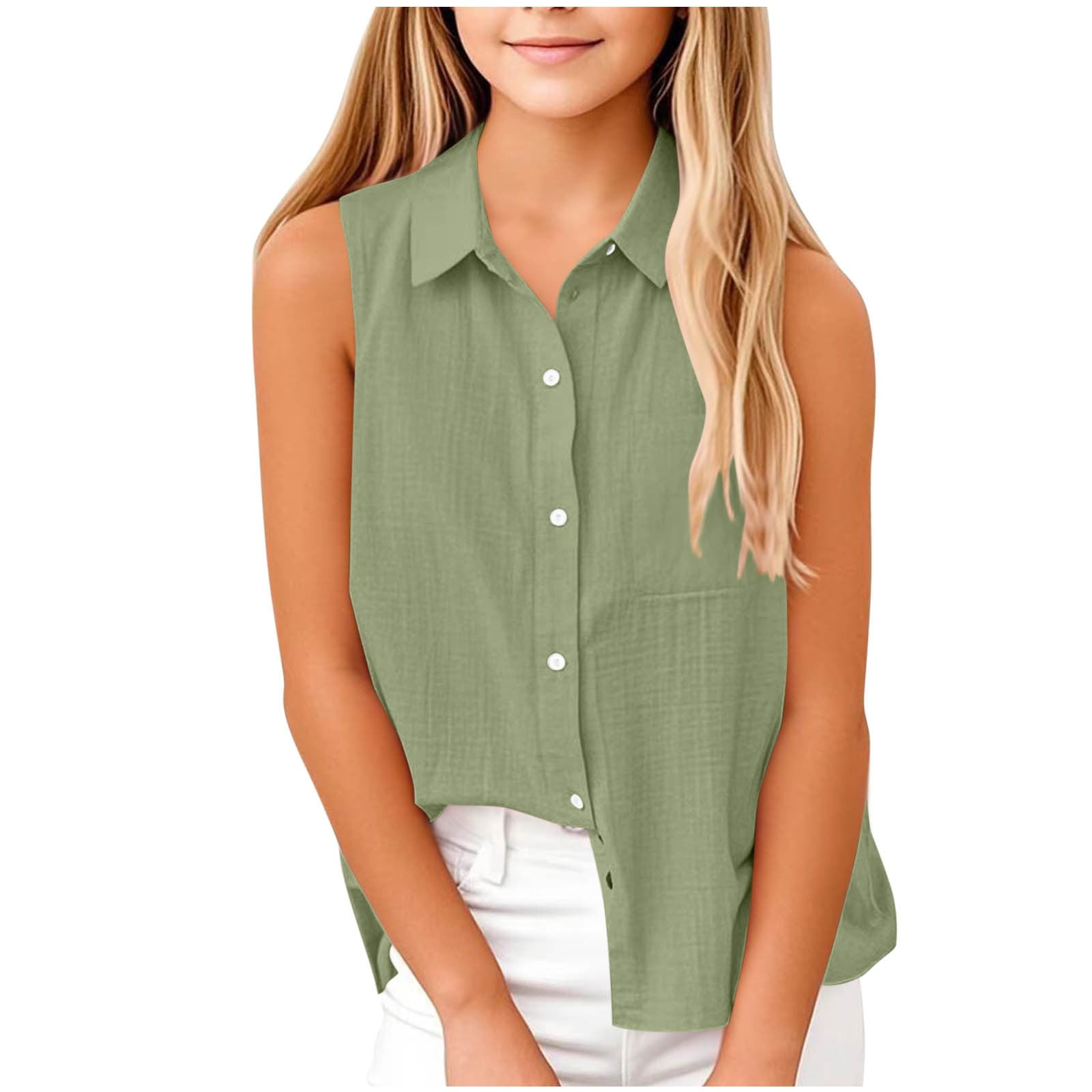 XADYUY Girls Button Down Shirts Size 10-12 Short Sleeve Collared Linen ...