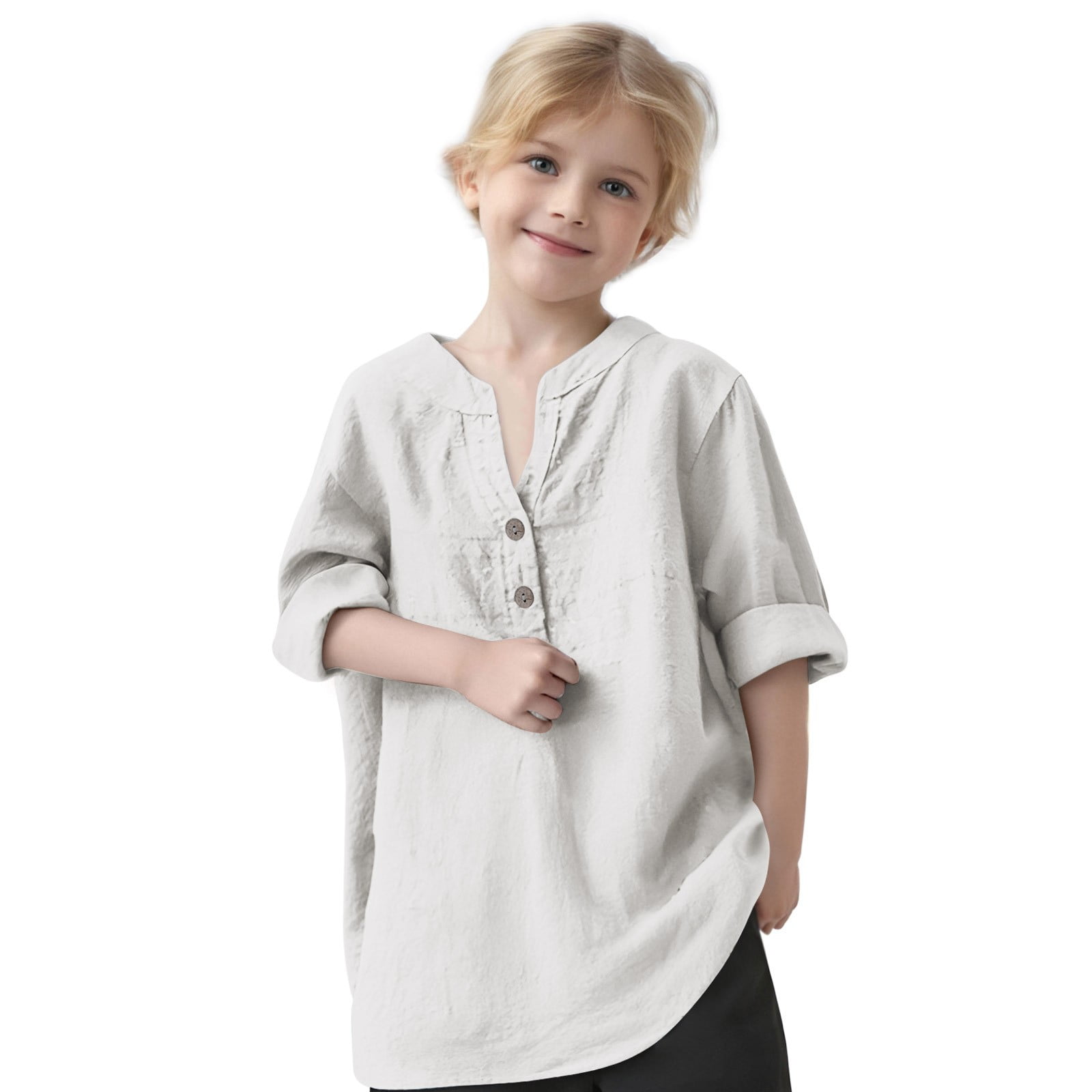 XADYUY Girls Button Down Shirts 4-16 3/4 Roll Up Sleeve V Neck Cotton ...