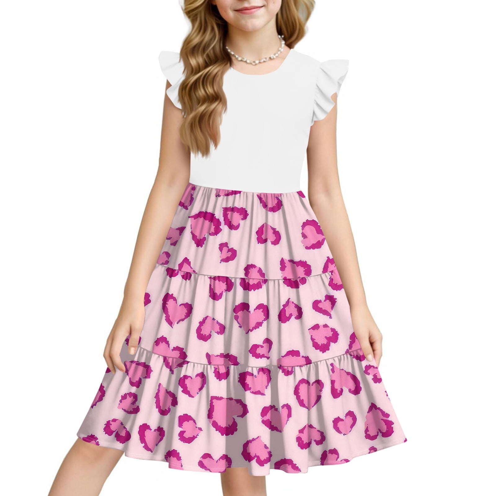 XADYUY Girls Dresses Twirly A-Line Ruffle Sleeve Midi Dress Love Heart ...