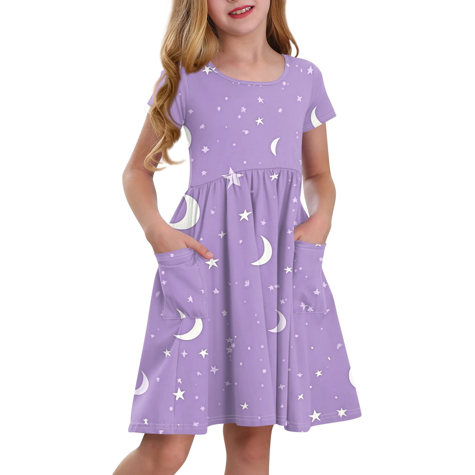 XADYUY Girls Dresses Twirly A-Line Short Sleeve Midi Dress Cartoon Moon ...