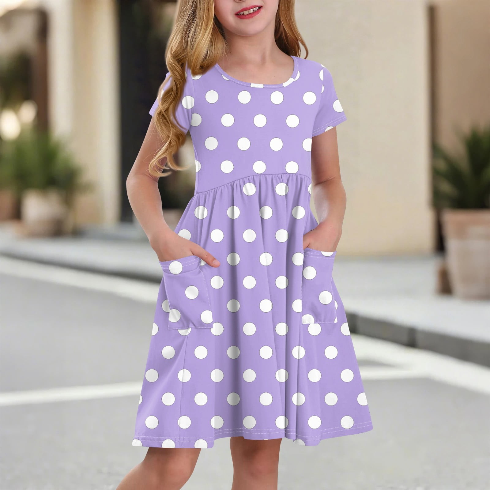 XADYUY Girls Dresses Twirly A-Line Short Sleeve T-Shirt Dresses Polka ...
