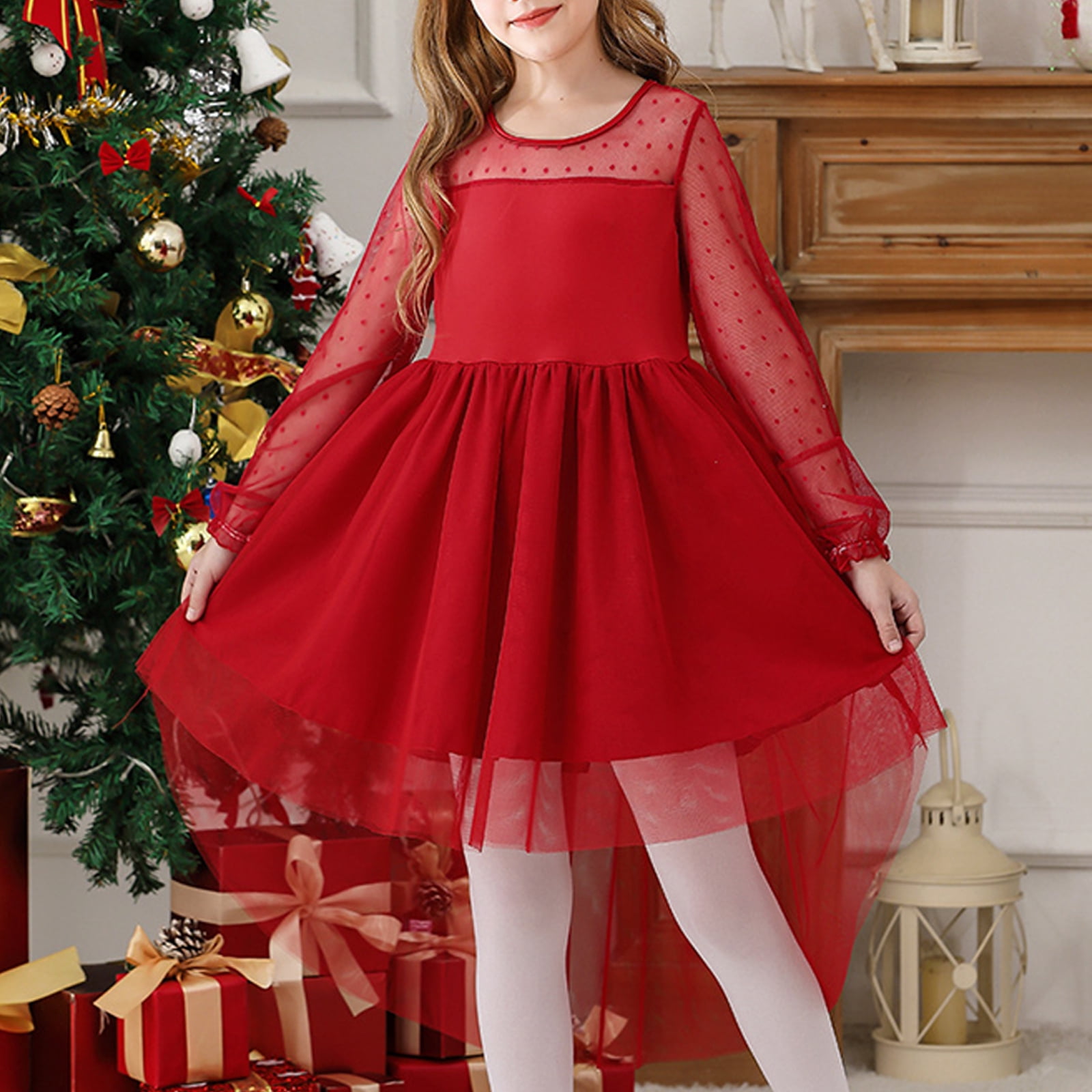 XADYUY Girls Long Sleeve Dresses 10-12 Contrast Mesh A-Line High Low ...