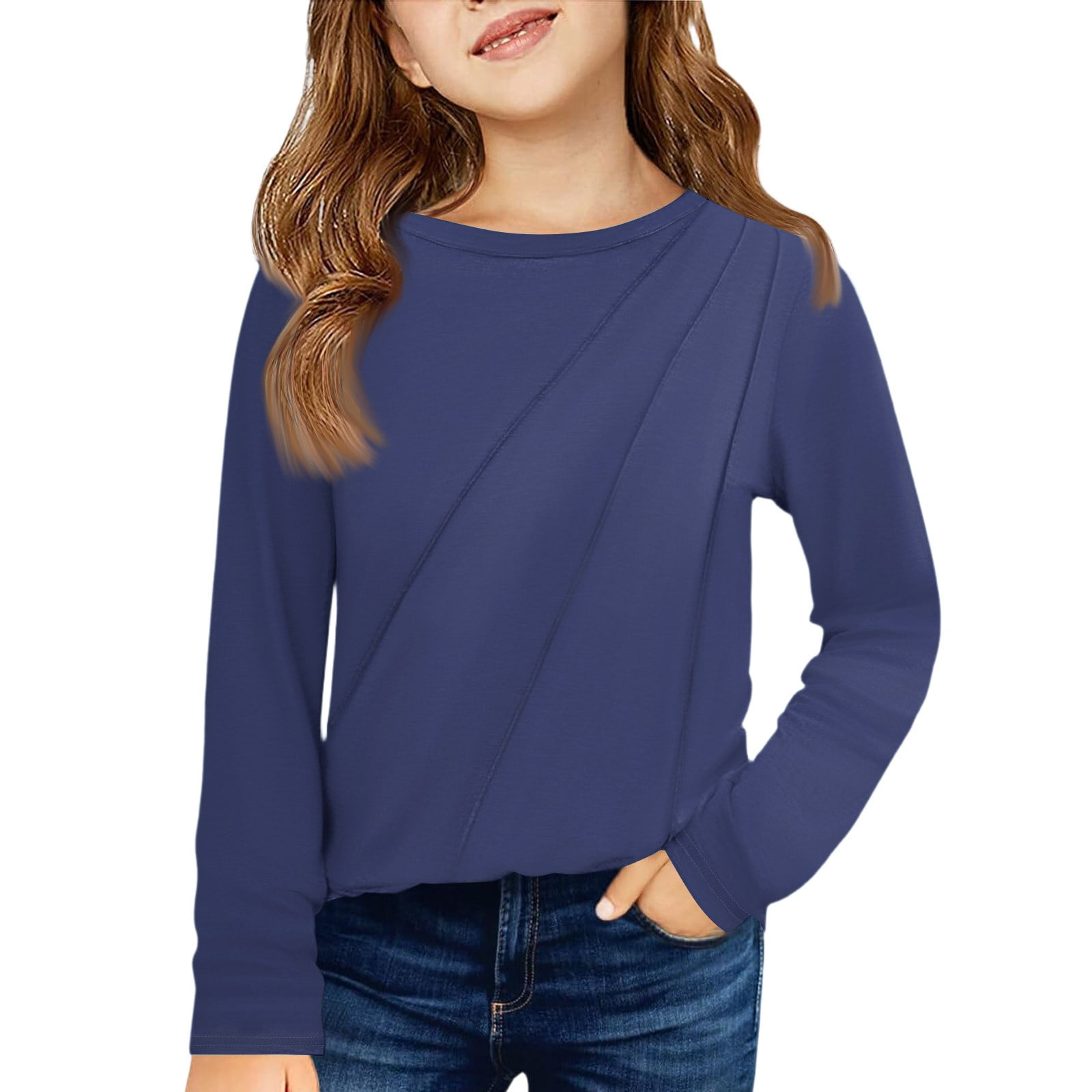 XADYUY Girls Long Sleeve T Shirts Size 7-8 Pleated Solid Crewneck T ...