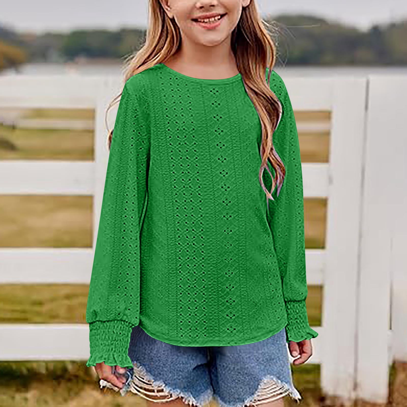 XADYUY Girls Long Sleeve Tops 7-16 Crewneck Eyelet T-Shirts for Kids ...