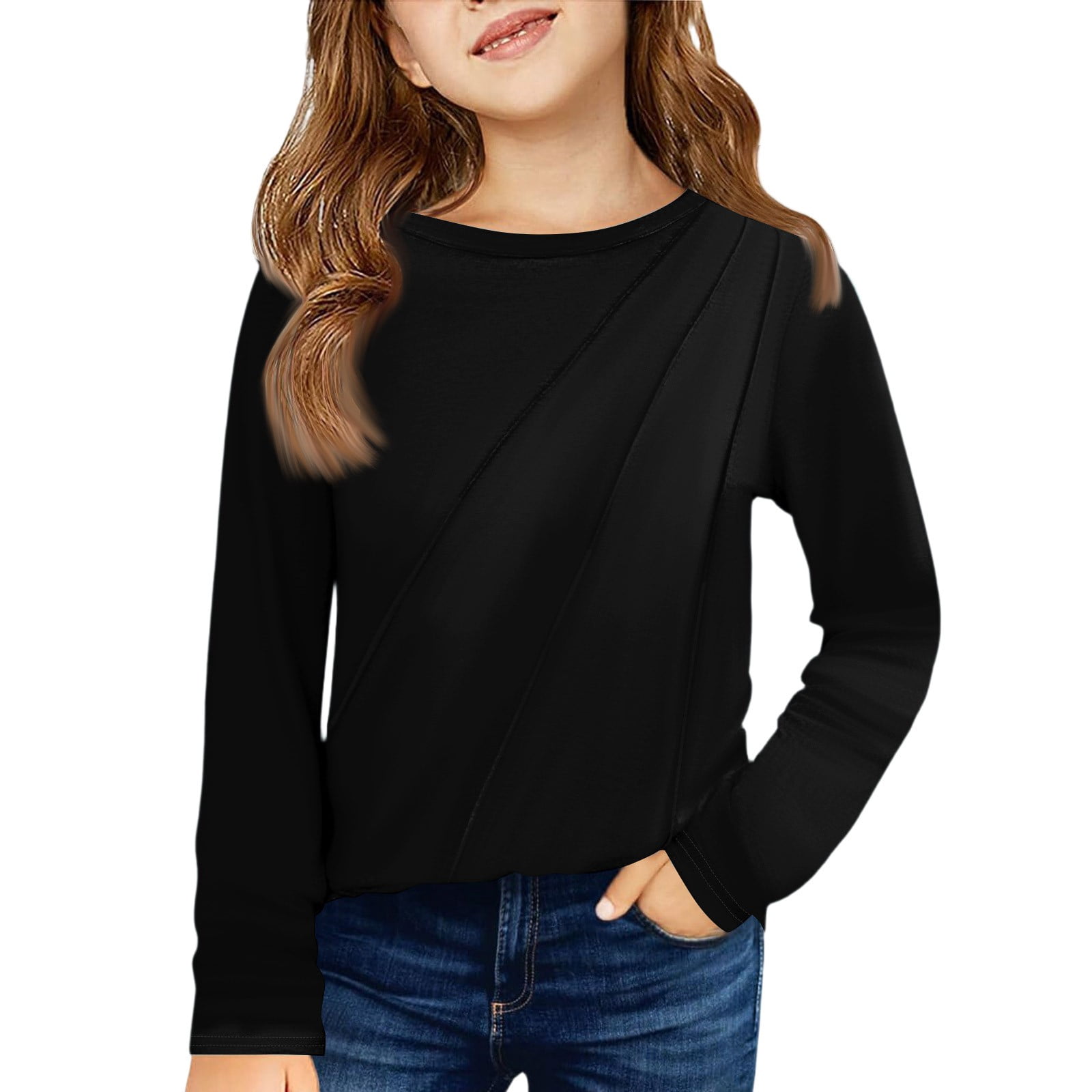 XADYUY Girls Long Sleeve Tops 7-16 Pleated Solid Crewneck Shirts for ...