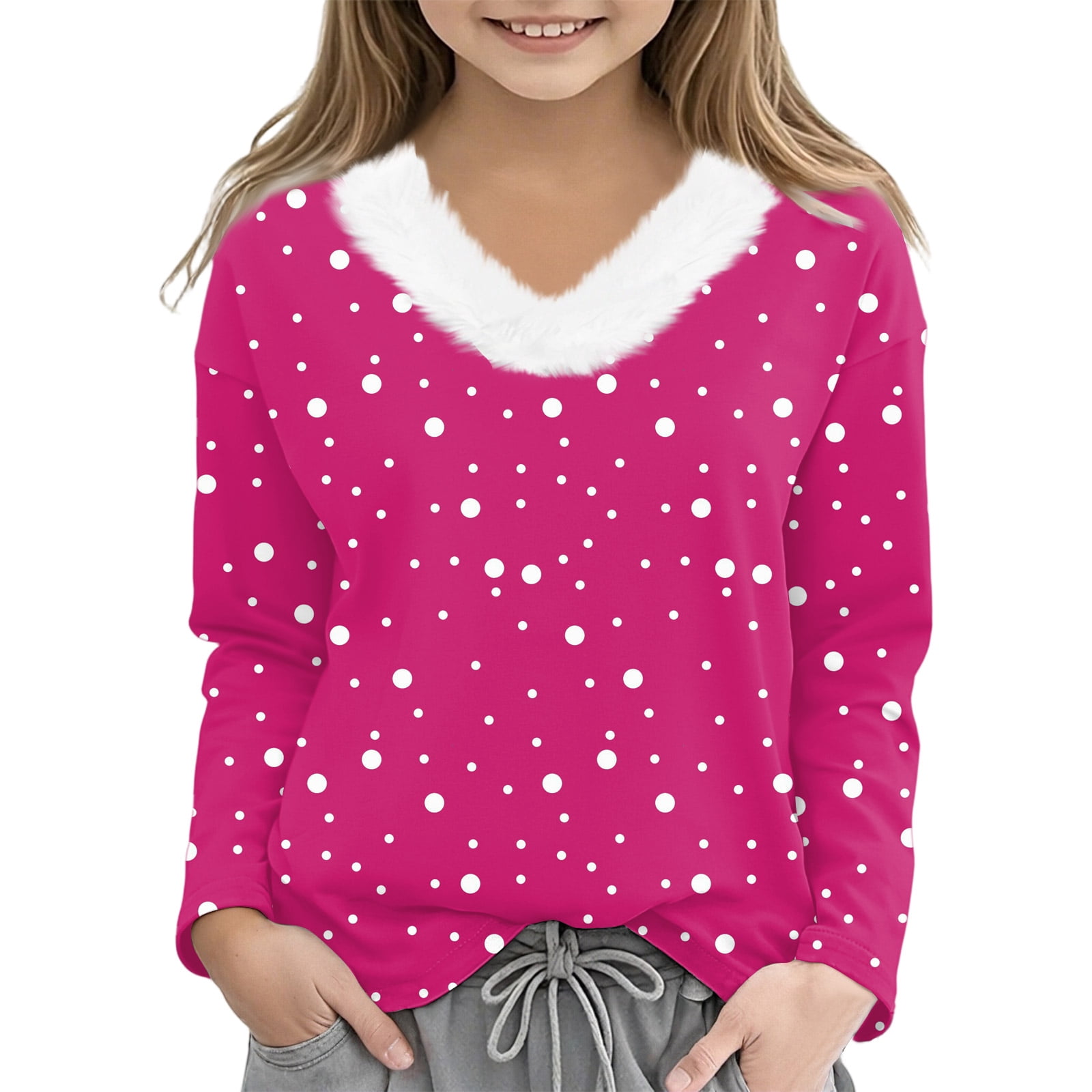 XADYUY Girls Long Sleeve Tops 7-16 Trendy Polka Dot Faux Fur Trim V ...