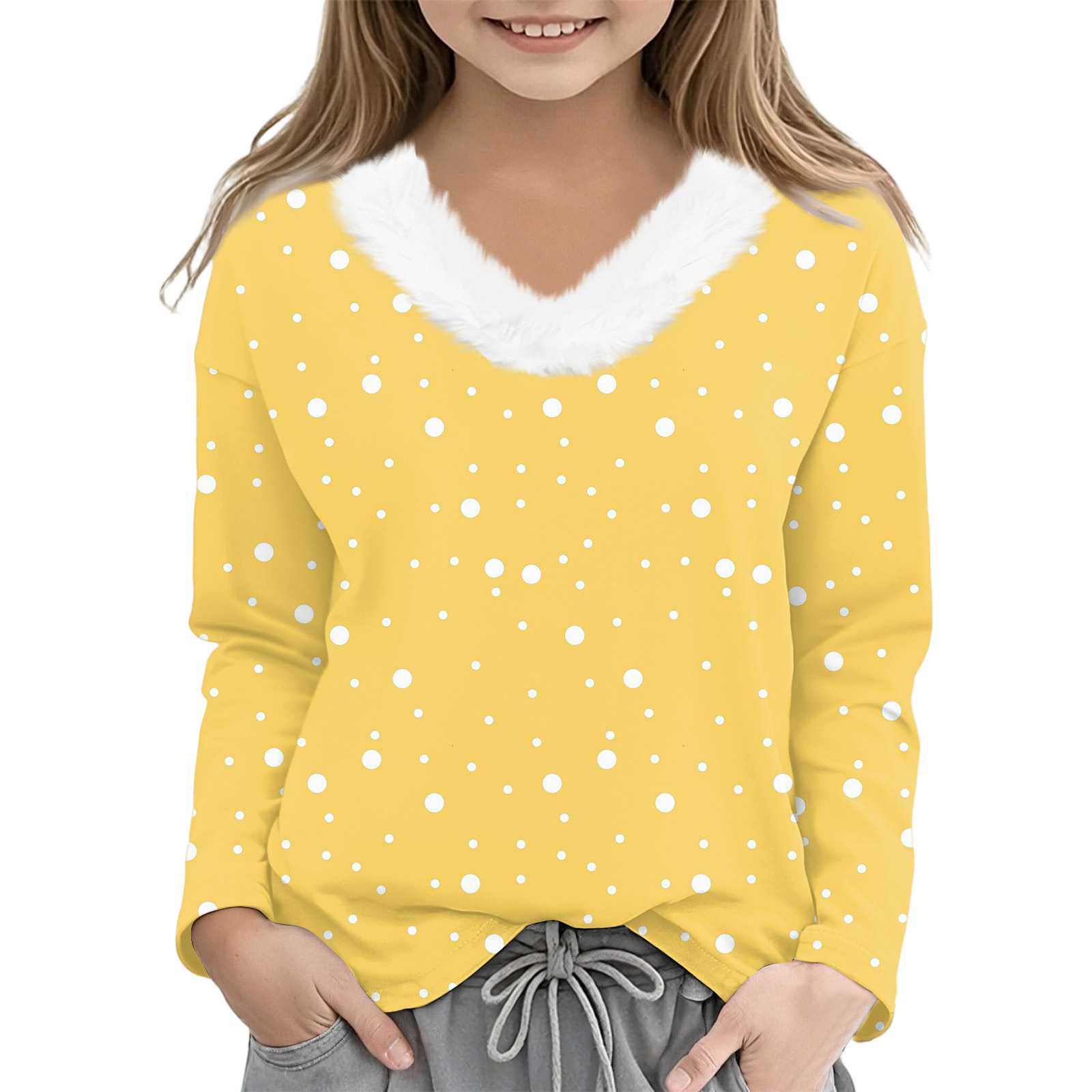 XADYUY Girls Long Sleeve Tops 7-16 Trendy Polka Dot Faux Fur Trim V ...