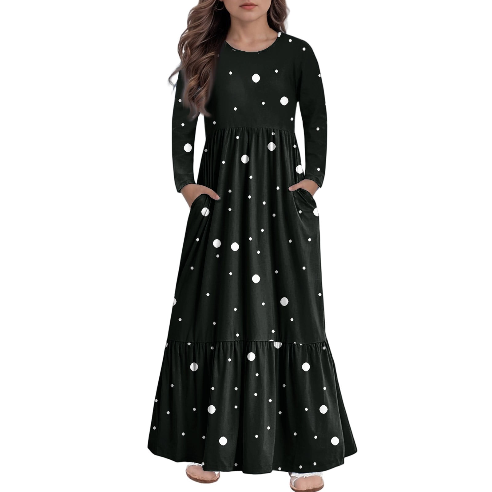 XADYUY Girls Maxi Dresses 7-16 A-Line Long Sleeve Maxi Dress Polka Dot ...