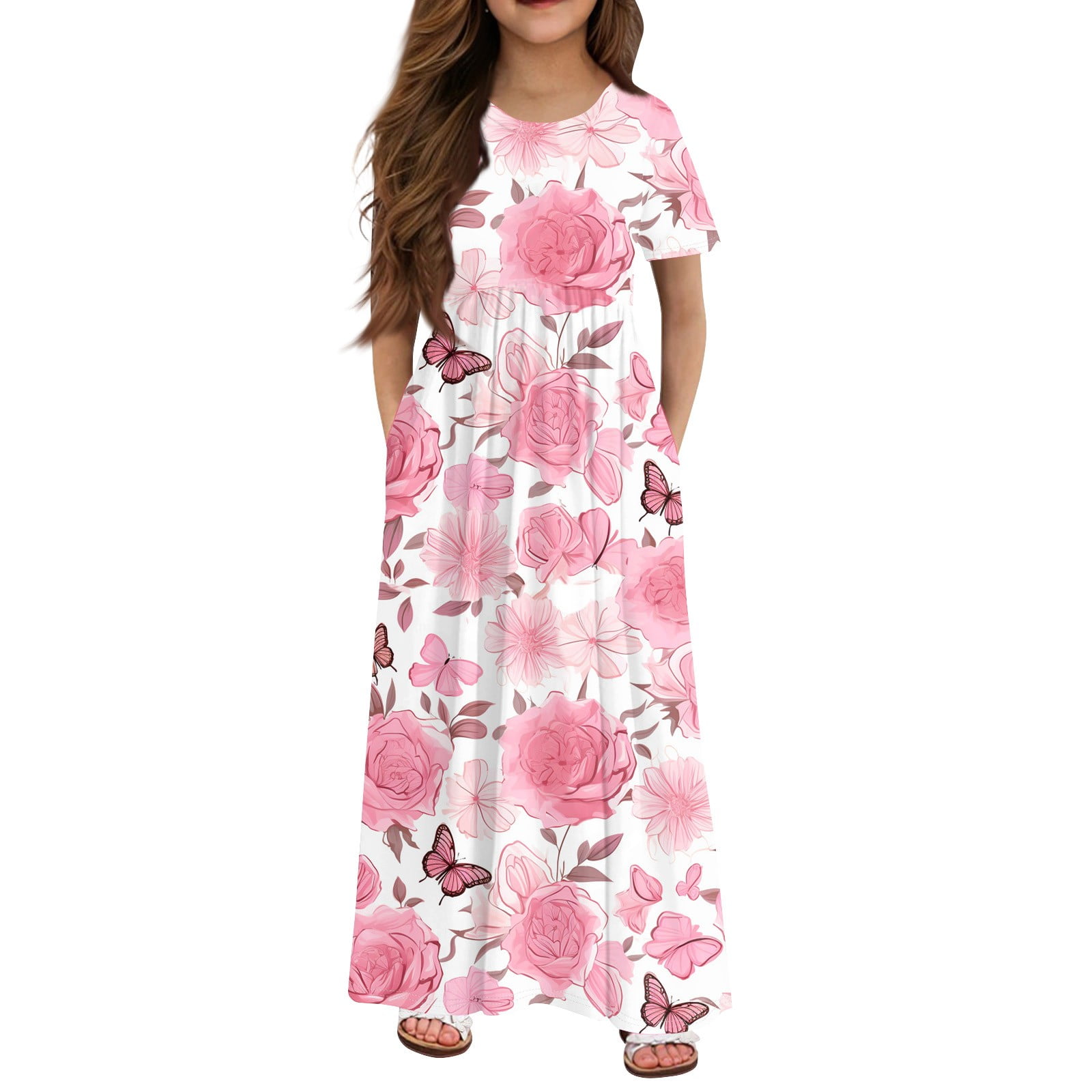 XADYUY Girls Maxi Dresses 7-16 Floral Butterfly Short Sleeve Girls Long ...