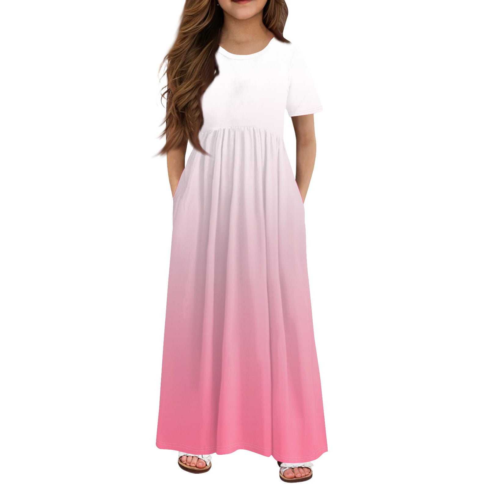 XADYUY Girls Maxi Dresses 7-16 Gradient Short Sleeve Maxi Dress Cute ...