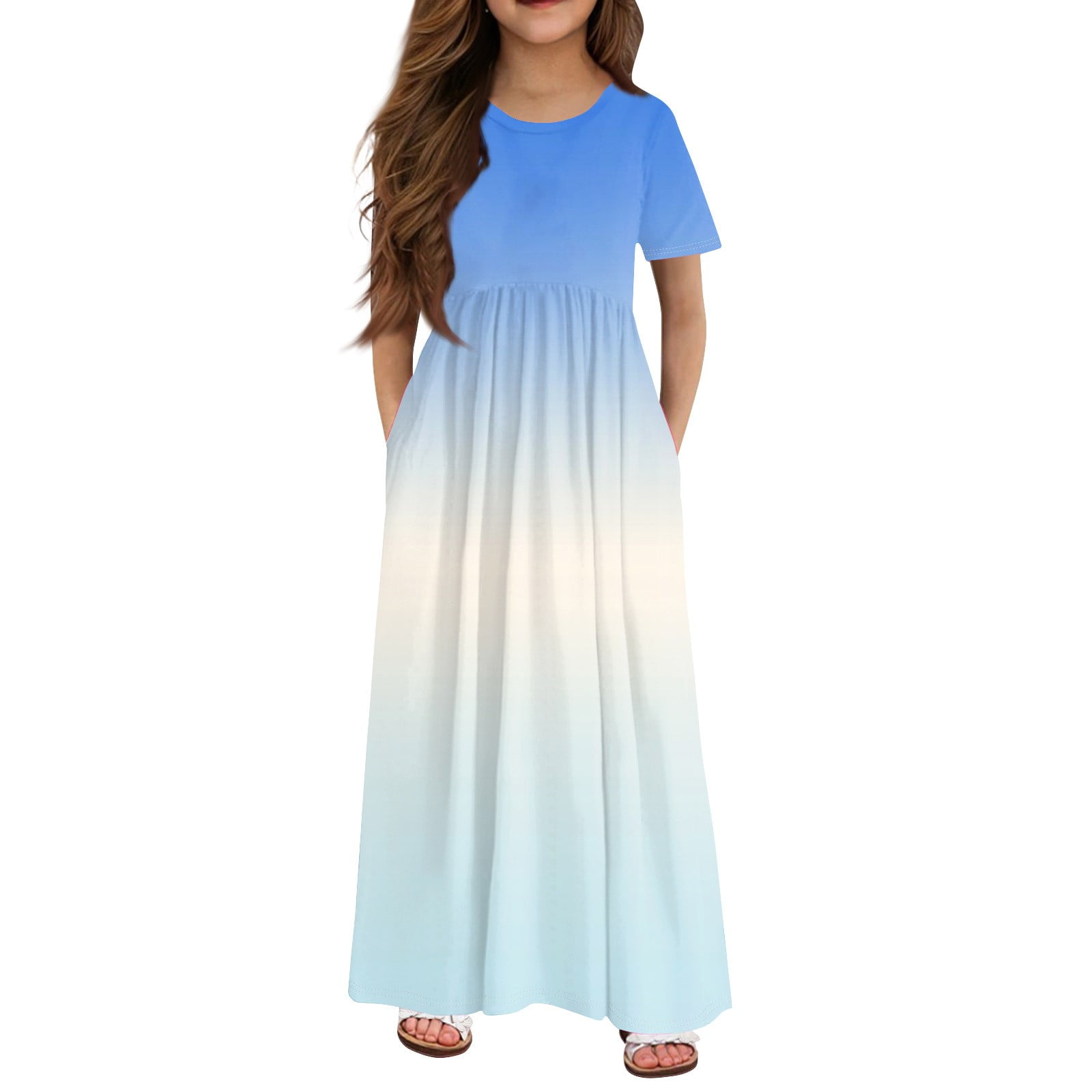 XADYUY Girls Maxi Dresses 7-16 Gradient Short Sleeve Maxi Dress Cute ...
