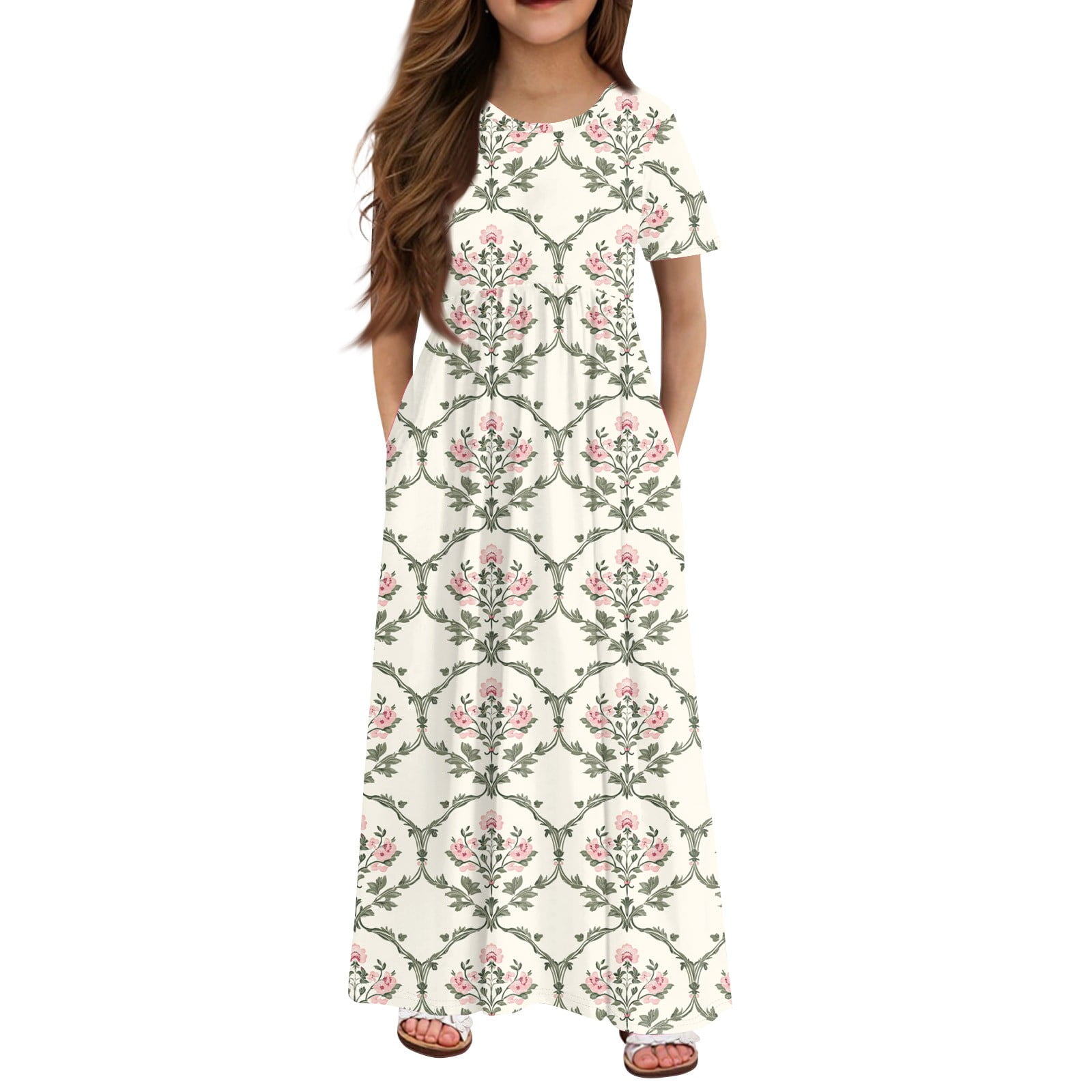 XADYUY Girls Maxi Dresses 7-16 Vintage Floral Short Sleeve Girls Long ...