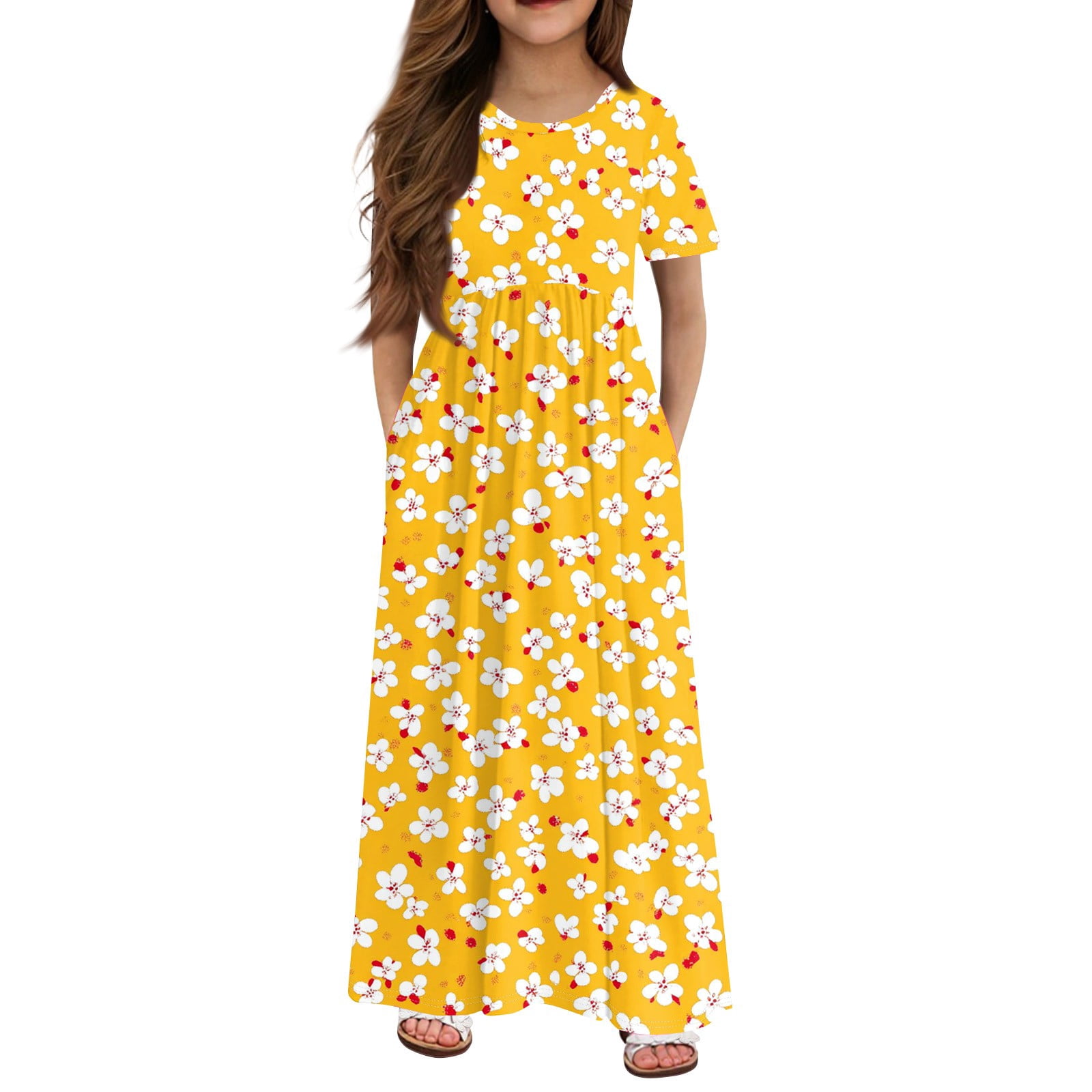 XADYUY Girls Maxi Dresses 7-16 Vintage Floral Short Sleeve Maxi Dress A ...