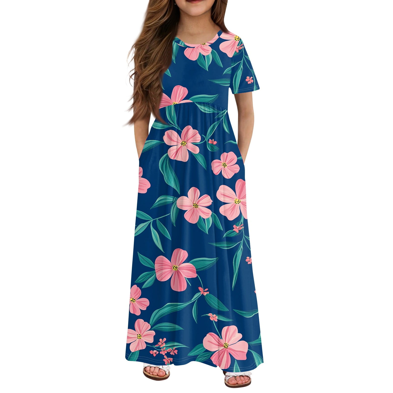 XADYUY Girls Maxi Dresses 7-16 Vintage Floral Short Sleeve Maxi Dress A ...