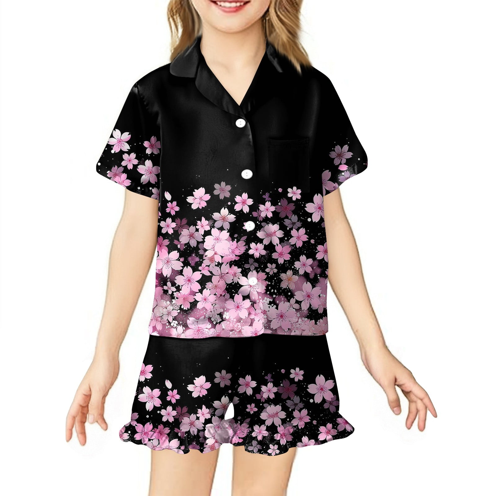 XADYUY Girls Pajamas Size 7-8 Vintage Flower Graphic Pajama Set for ...