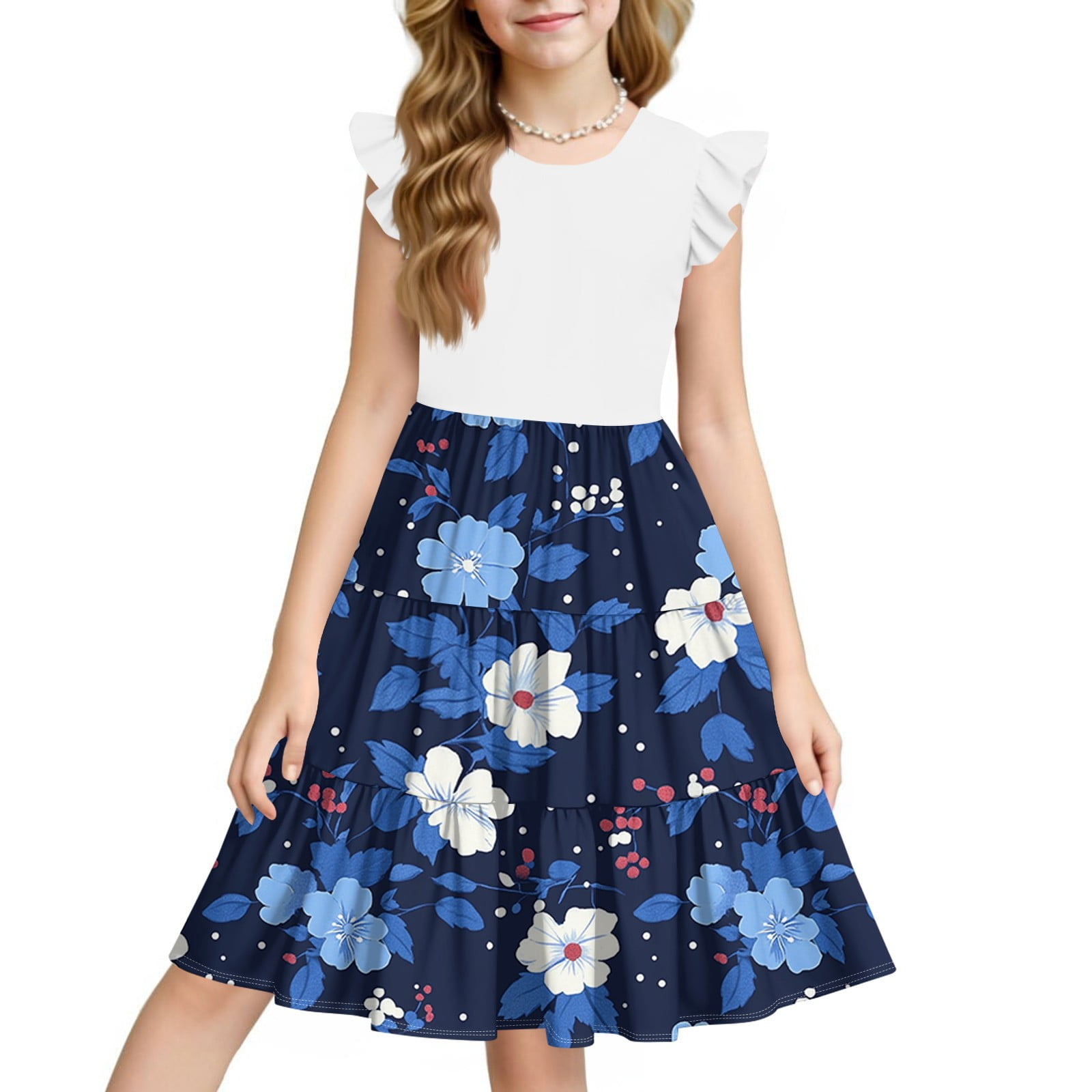 XADYUY Girls Ruffle Sleeve Dresses Twirly A-Line Ruffle Sleeve Midi ...