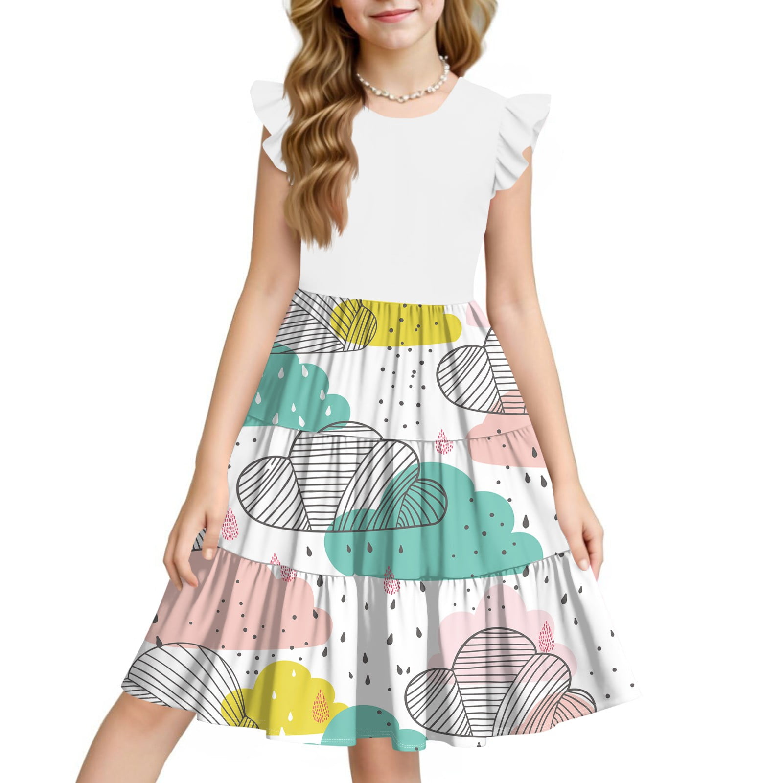 XADYUY Girls Ruffle Sleeve Summer Dress Kids Twirly A-Line Ruffle ...