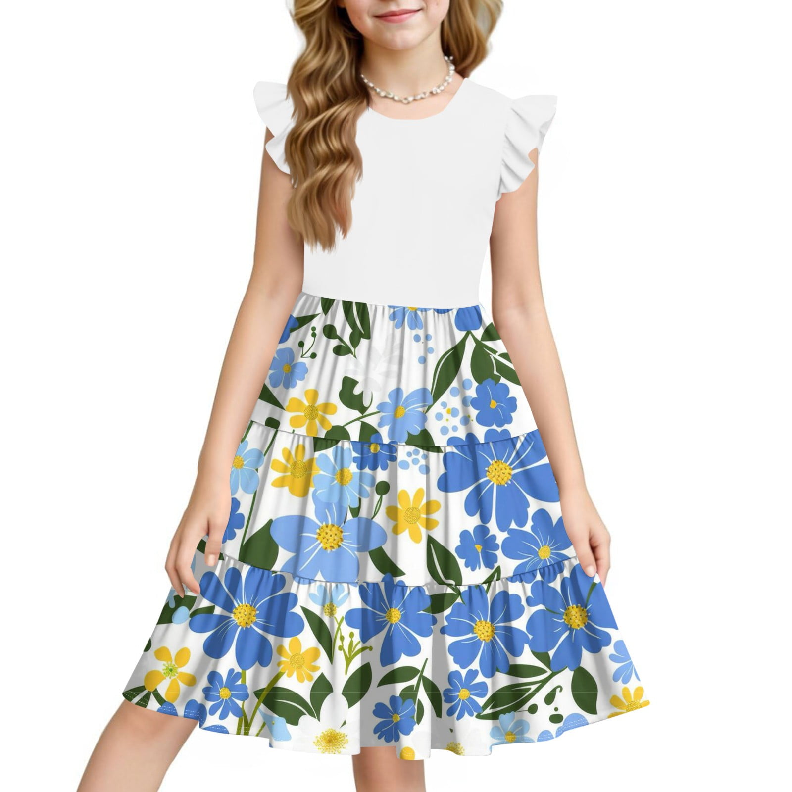 XADYUY Girls Ruffle Sleeve Summer Dress Kids Twirly A-Line Ruffle ...