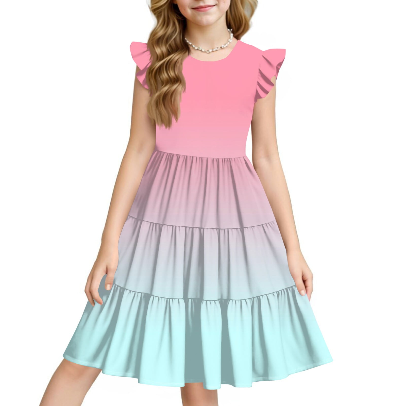 XADYUY Girls Ruffle Sleeve Summer Dress Kids Twirly A-Line Ruffle ...