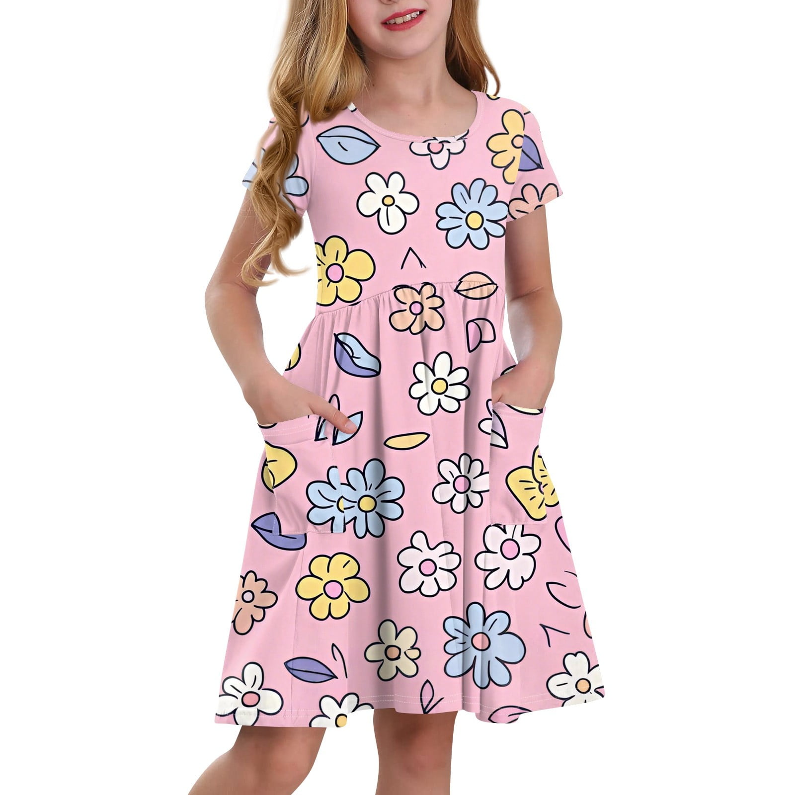 XADYUY Girls Short Sleeve Dresses Twirly A-Line Short Sleeve T-Shirt ...