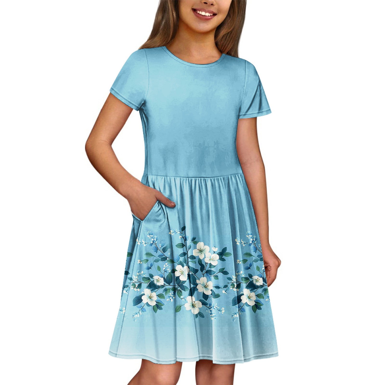 XADYUY Girls Short Sleeve Floral Summer Dress Kids Casual A-Line Short ...
