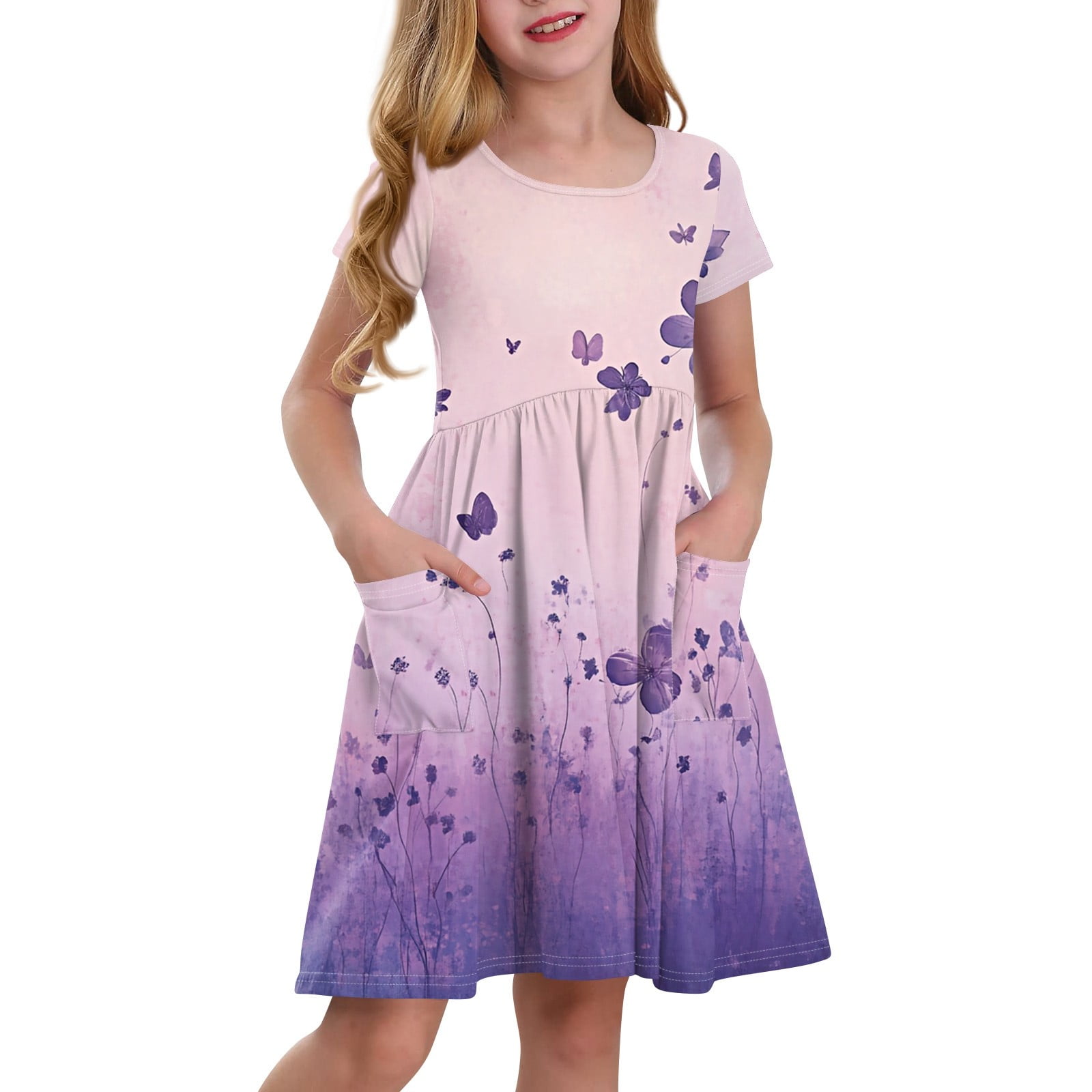 XADYUY Girls Short Sleeve Summer Dress Kids Twirly A-Line Short Sleeve ...