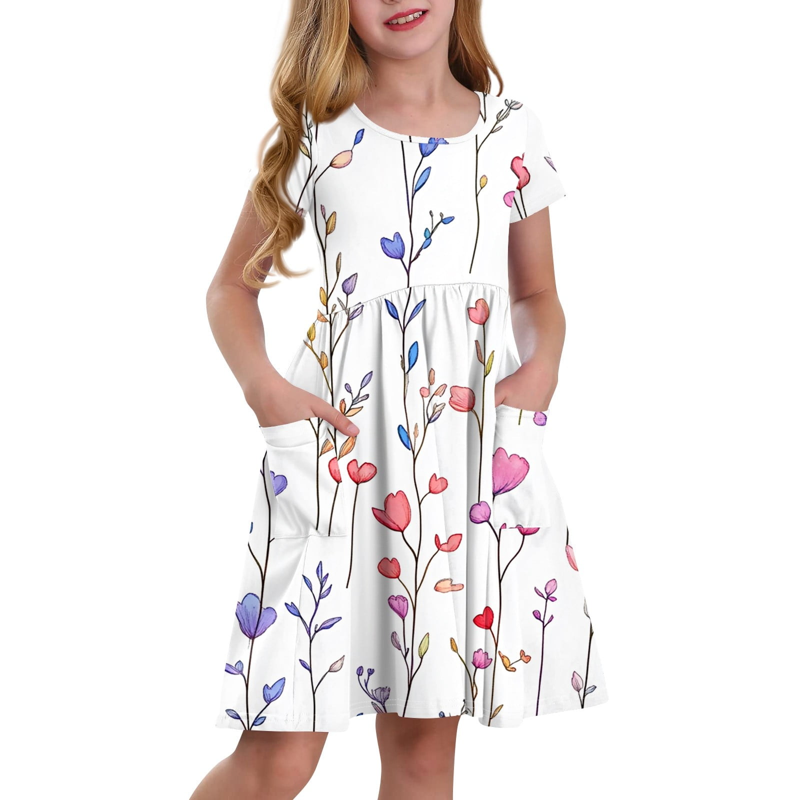 XADYUY Girls Short Sleeve Summer Dress Kids Twirly A-Line Short Sleeve ...