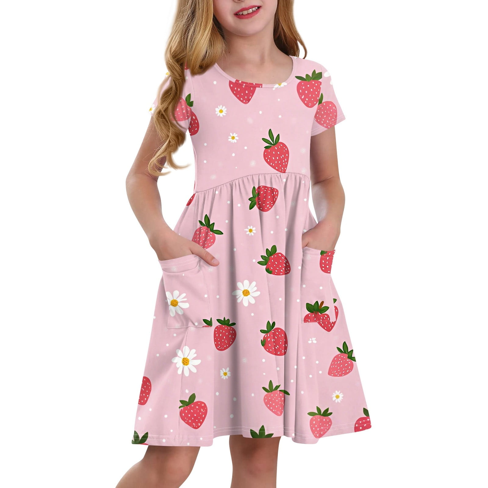 XADYUY Girls Short Sleeve Summer Dress Kids Twirly A-Line Short Sleeve ...