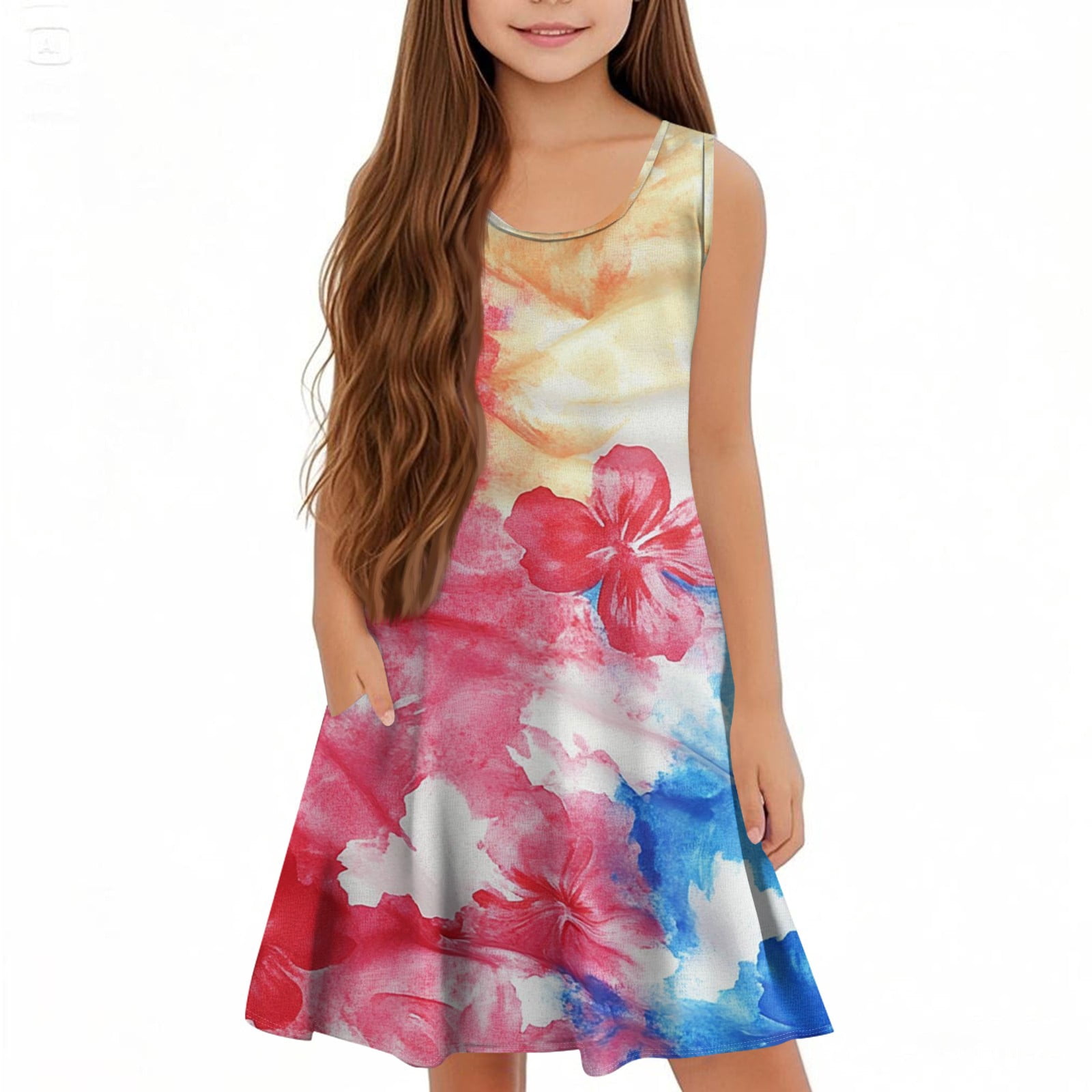 XADYUY Girls Sleeveless Dresses Red White and Blue Floral Printed 4th ...