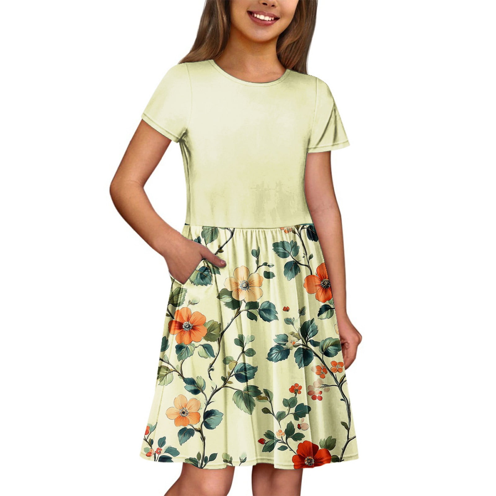 XADYUY Girls Summer Dress Size 14-16 Casual A-Line Short Sleeve Vintage ...