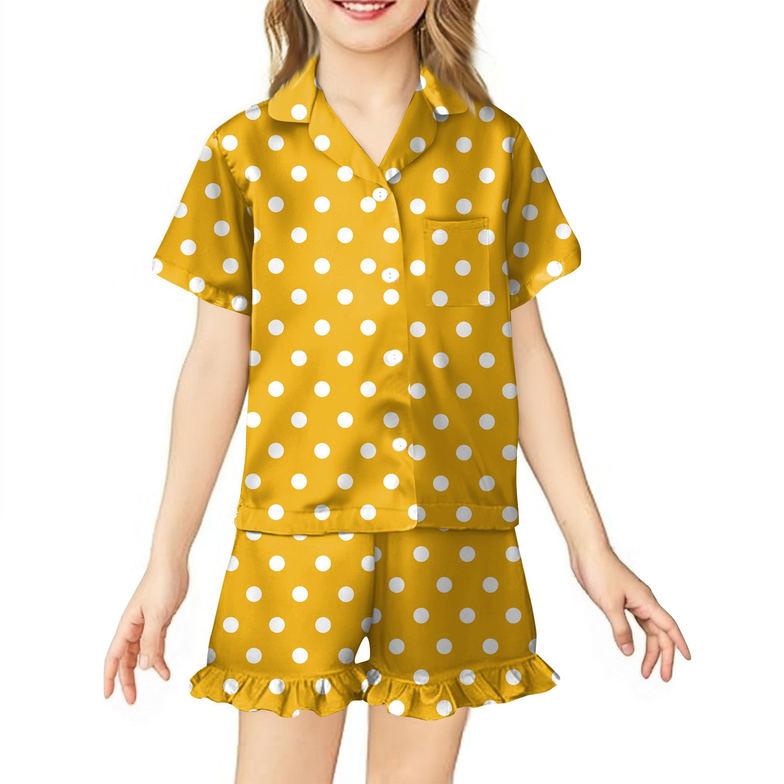 XADYUY Girls Summer Pajamas 14-16 Polka Dot Print Girls' Sleepwear Silk ...
