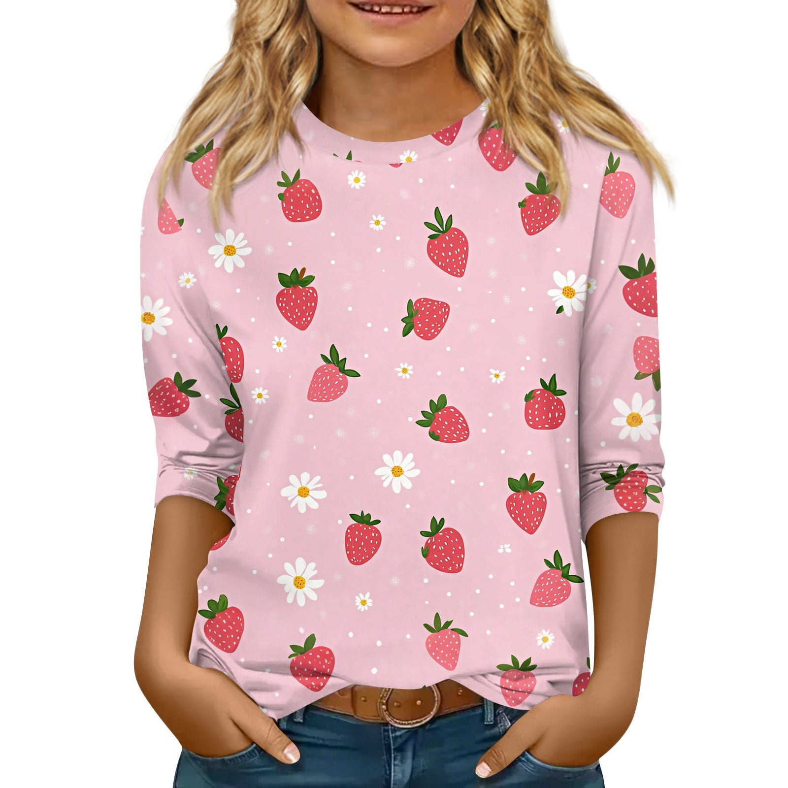 XADYUY Girls Summer Tshirts 4-16 Crewneck 3/4 Sleeve Strawberry Graphic ...