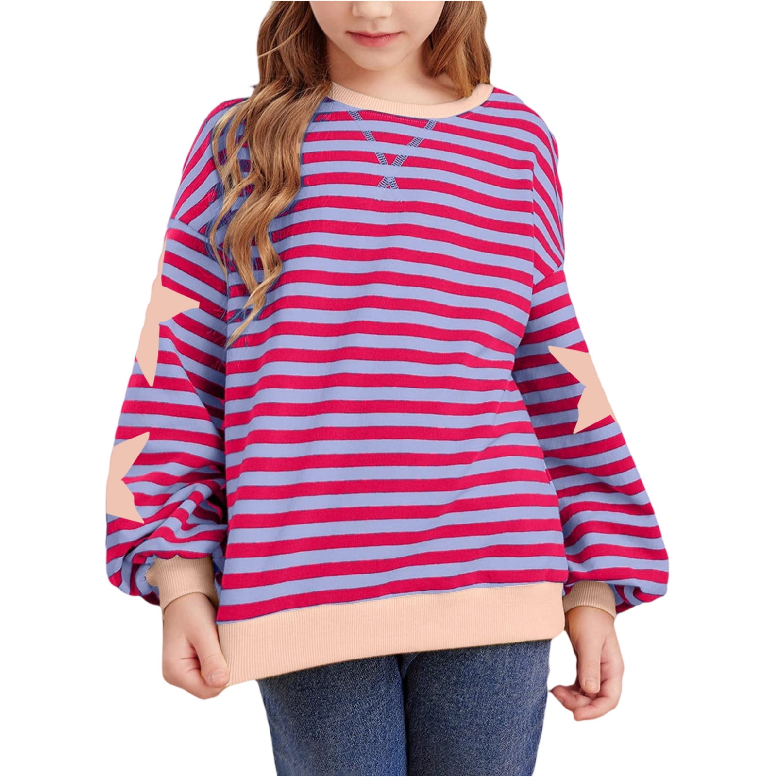 XADYUY Girls Sweatshirt 7-8 Oversized Striped Color Block Long Sleeve ...