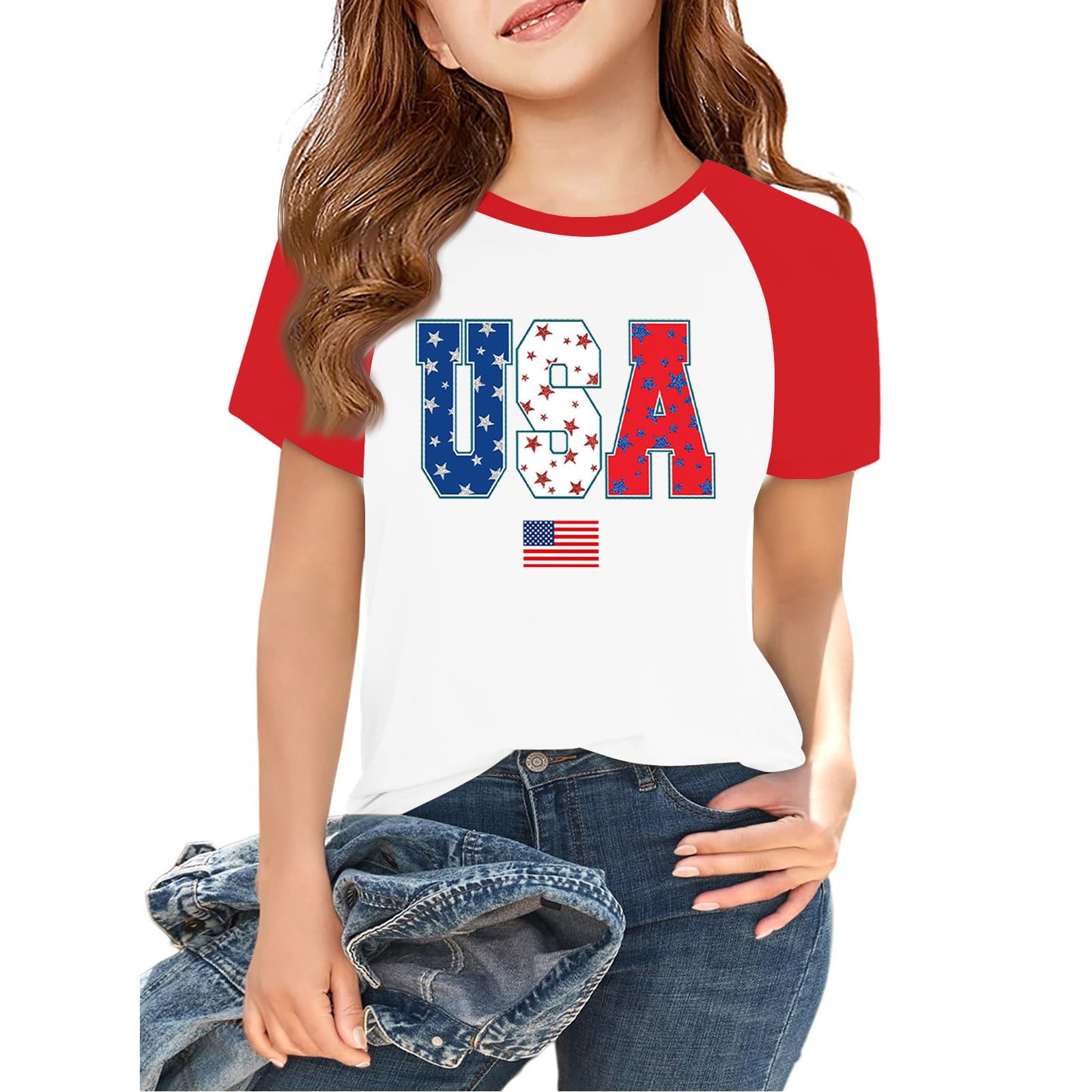 XADYUY Girls USA Flag Shirts Usa Flag Graphic Patriotic Tops 4th Of ...