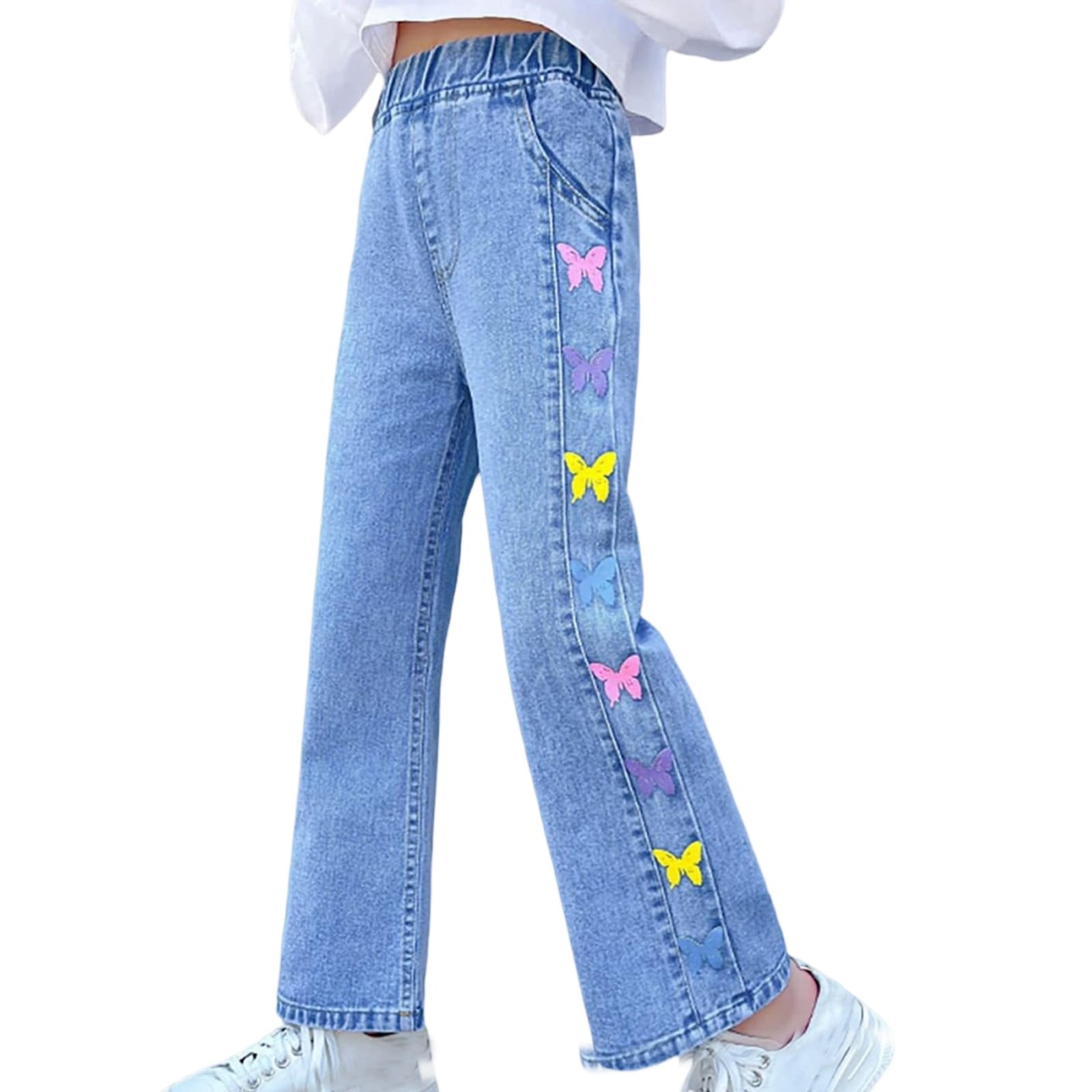 XADYUY Girls Wide Leg Jeans Size 10-12 Baggy Butterfly Embroidery ...