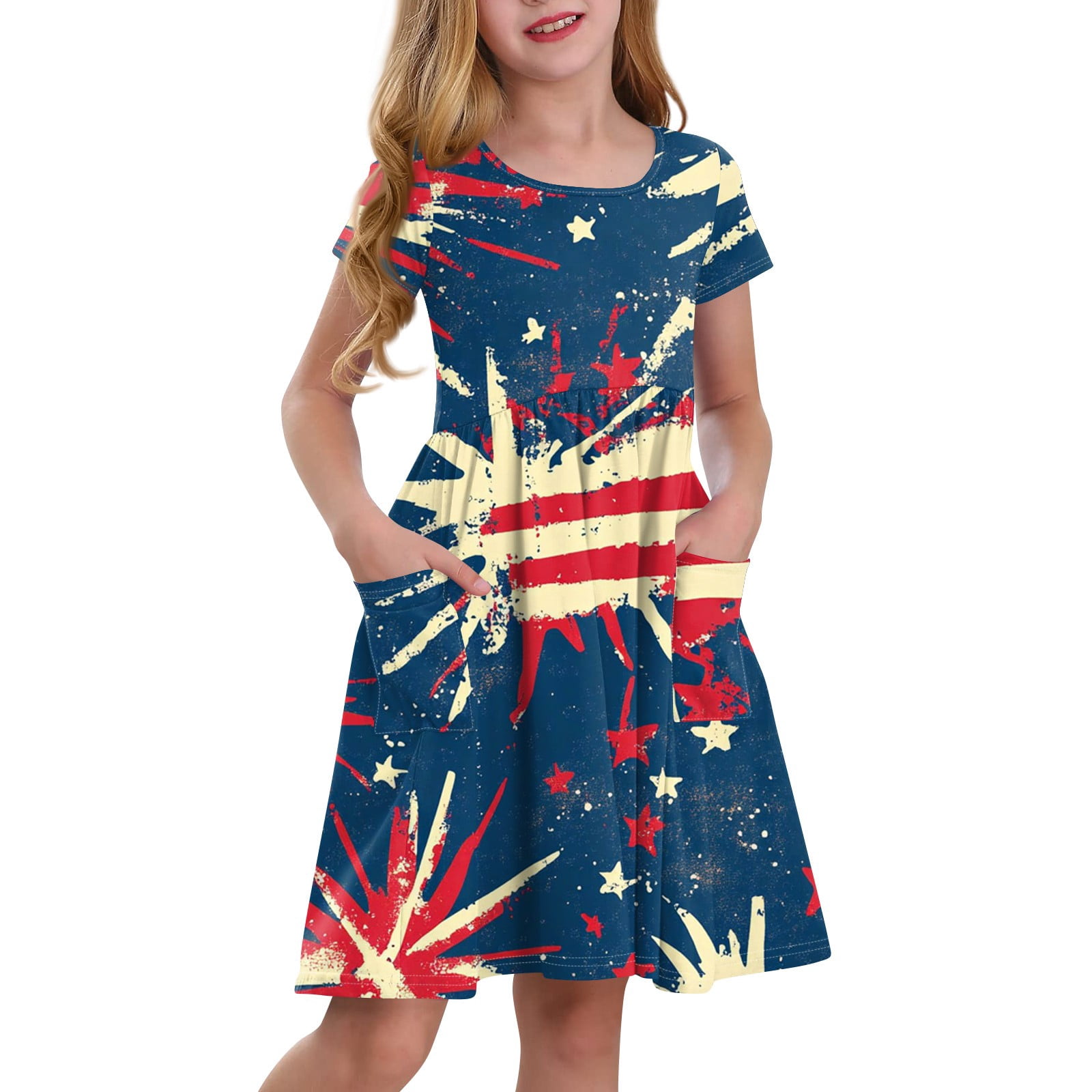 XADYUY Independence Day Dress for Girls Red White and Blue Printed 4th ...