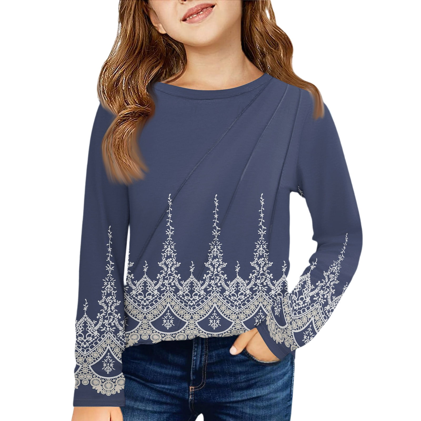 XADYUY Kids Long Sleeve Shirt Girls Pleated Vintage Floral Print ...
