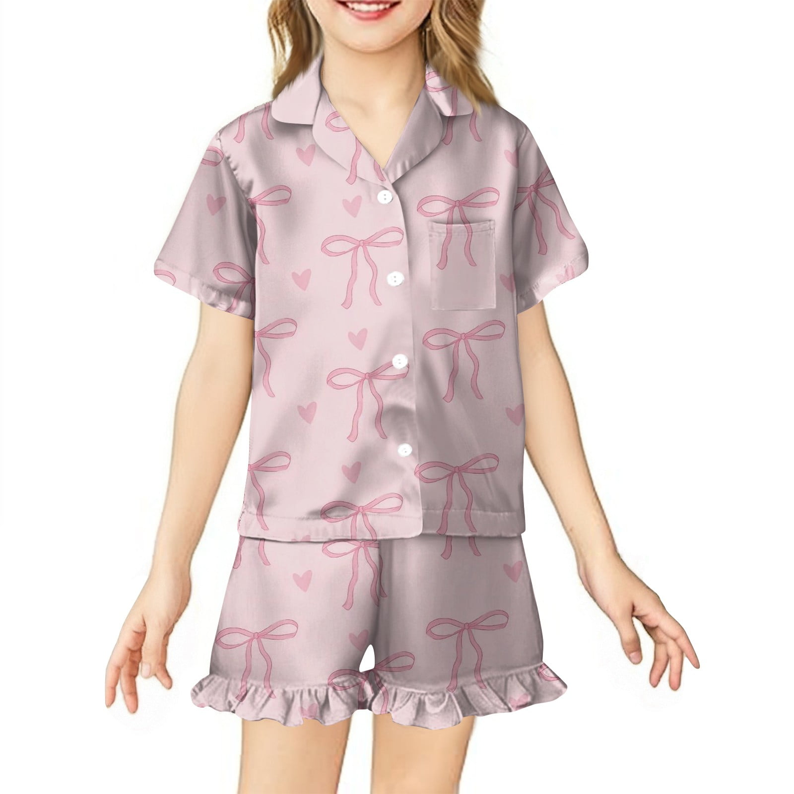XADYUY Pajamas for Girls 10-12 Bownot Print Girls' Sleepwear Silk ...