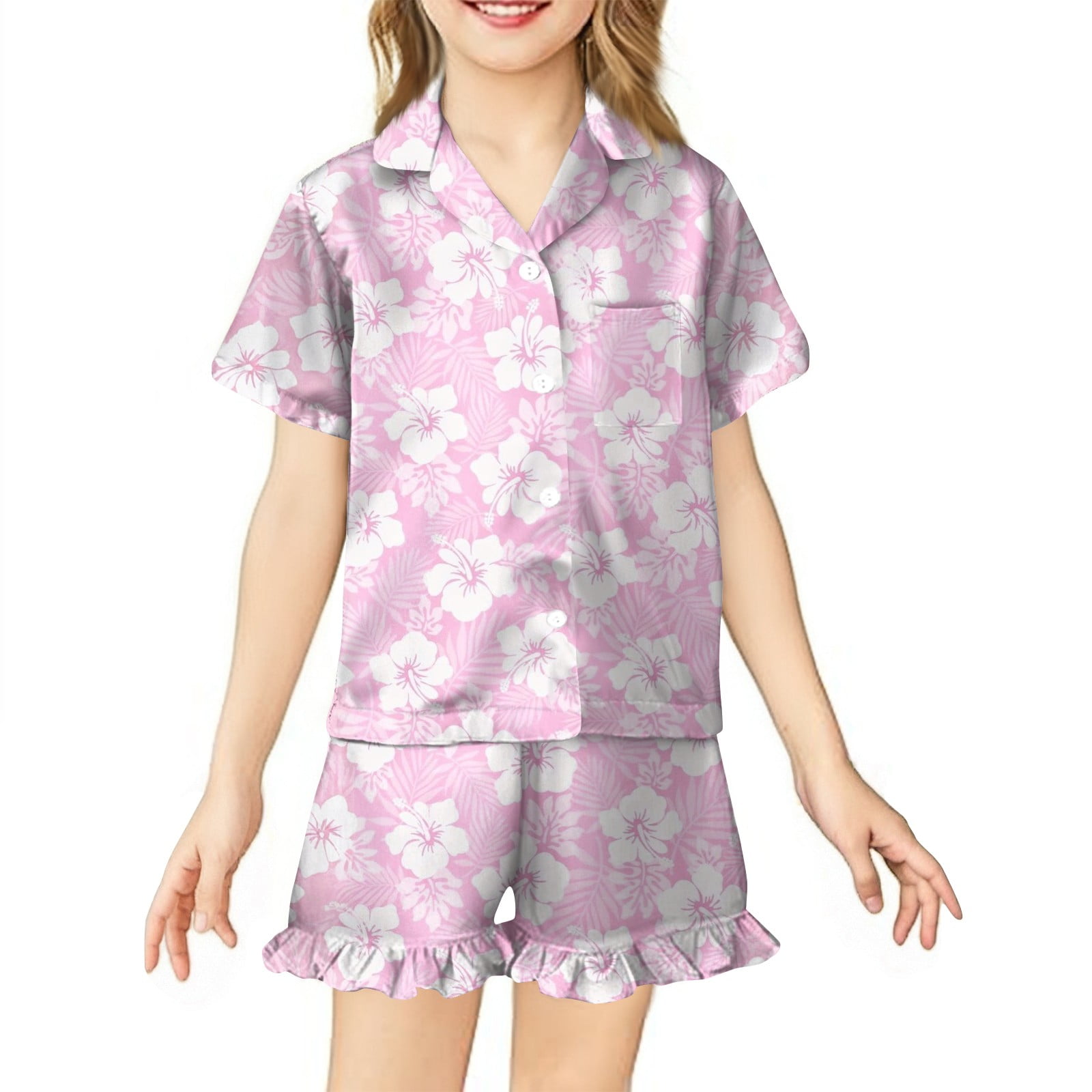 XADYUY Pajamas for Girls 7-8 Pink Puff Flower Print Kids Matching ...